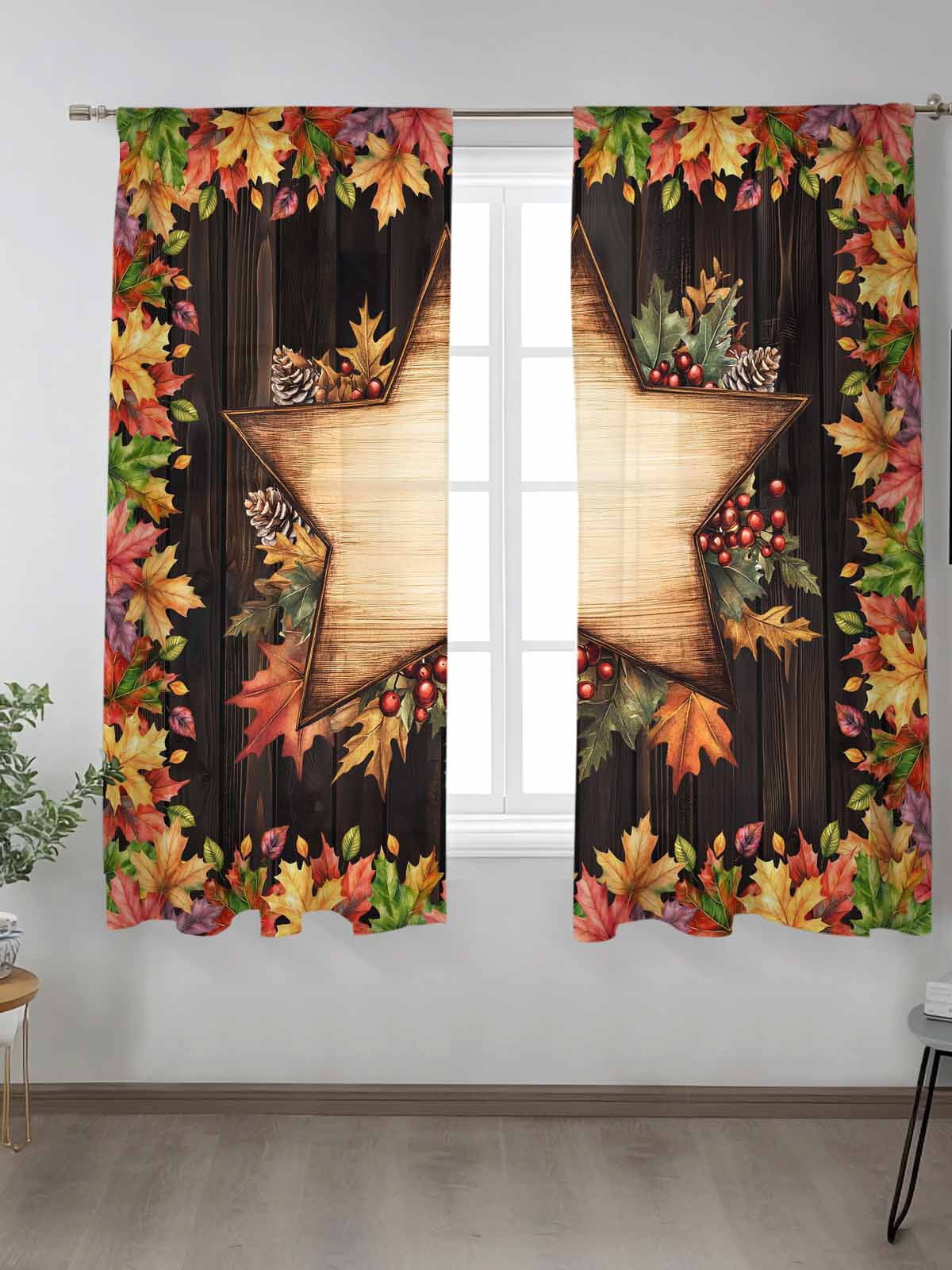 Sheer Curtains 72 inches Long 2 Panels Set Fall Stars Maple Leaf Berry ...
