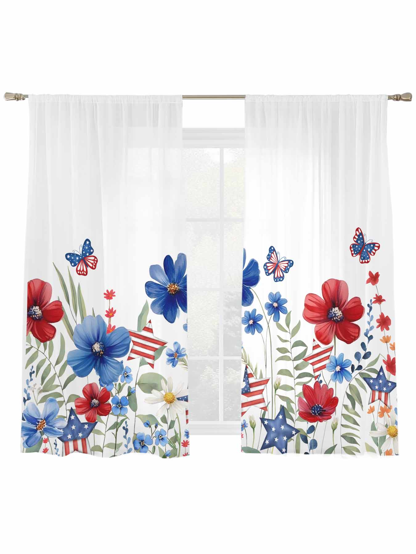 Sheer Curtains 72 inches Long 2 Panels Set Red Blue Cosmos Flower ...