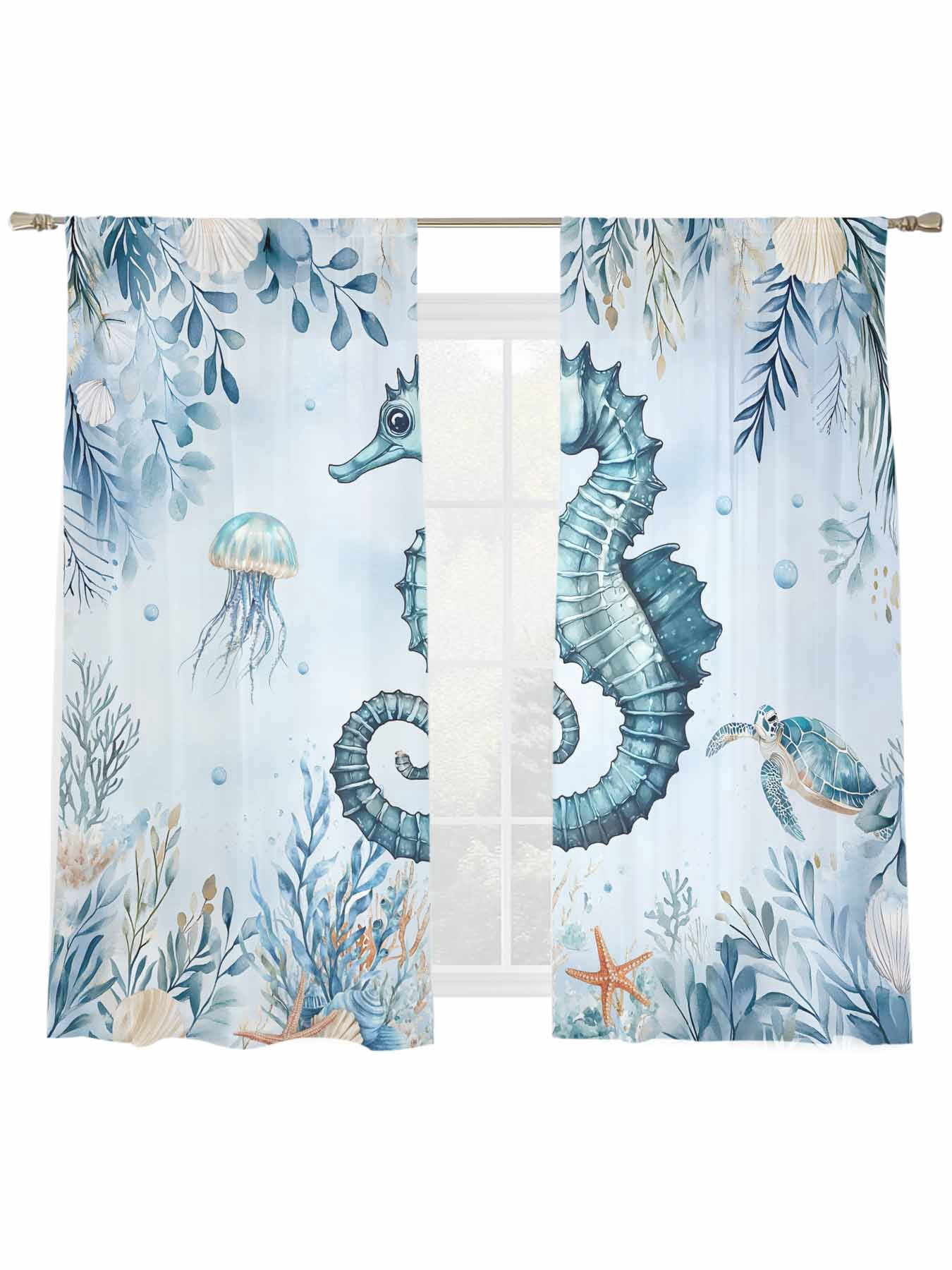 Sheer Curtains 72 inches Long 2 Panels Set Seahorse Coastal Jellyfish ...