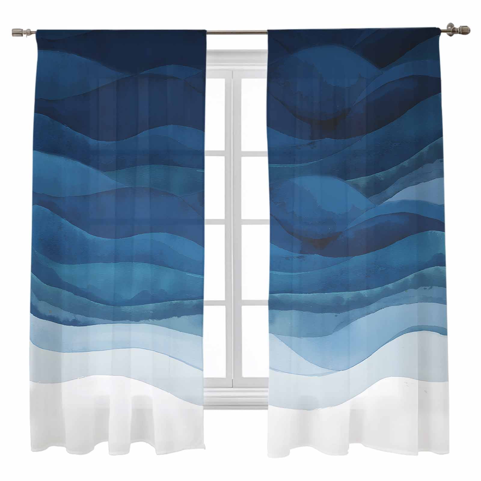 Sheer Curtains 72 inches Long, Abstract Ocean Waves Blue Gradient Blue ...