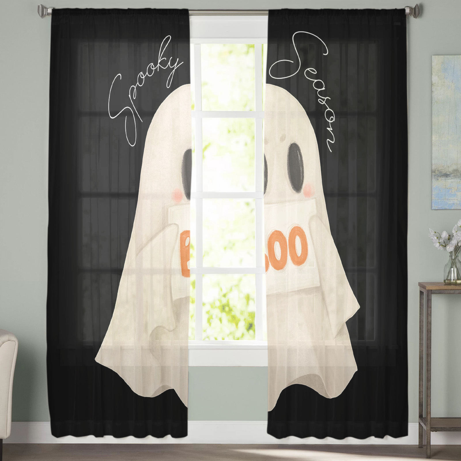 Sheer Curtains 72 inches Long, BOO Halloween Cute Ghost Black Light ...