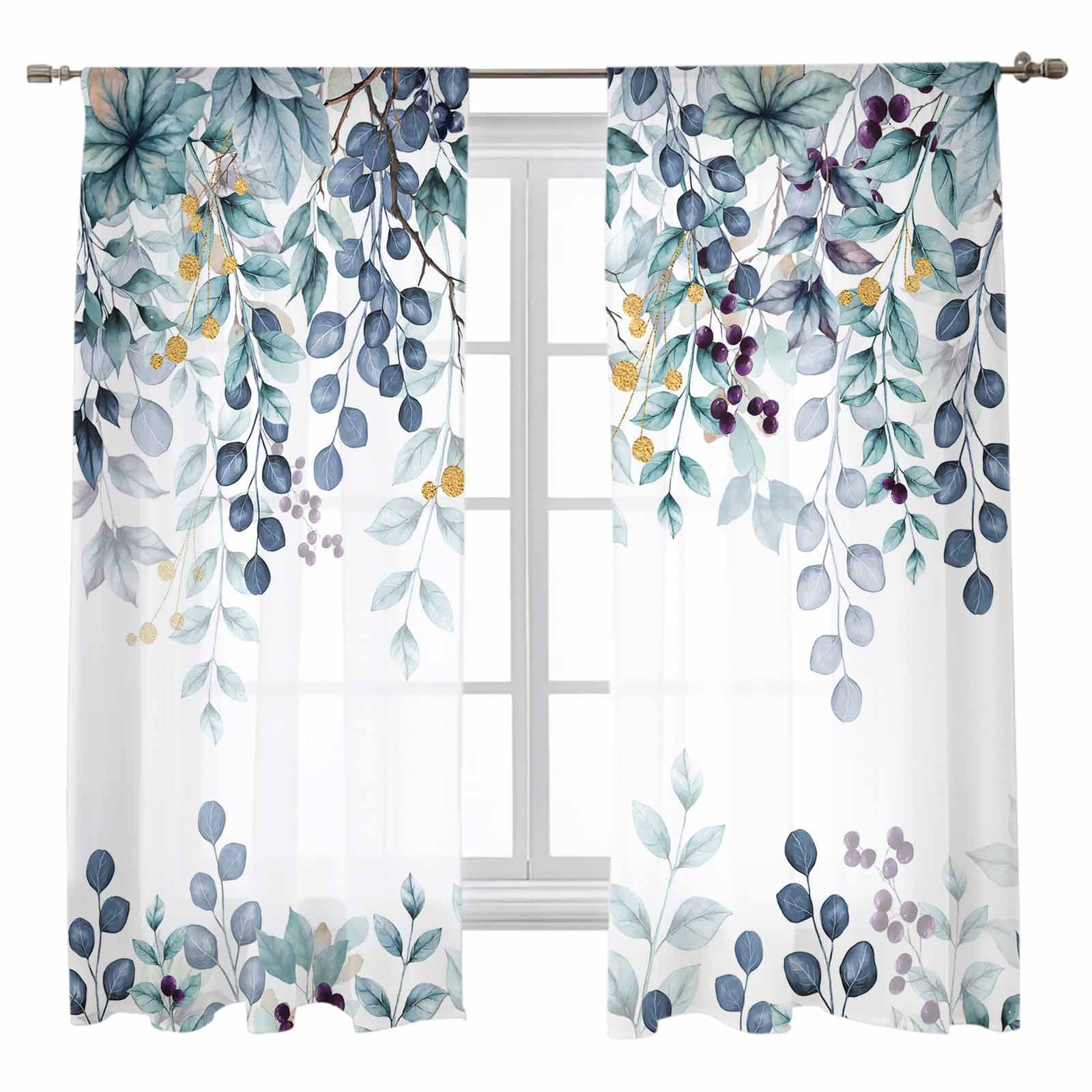 Sheer Curtains 72 inches Long, Blue Purple Eucalyptus Leaves Abstract ...