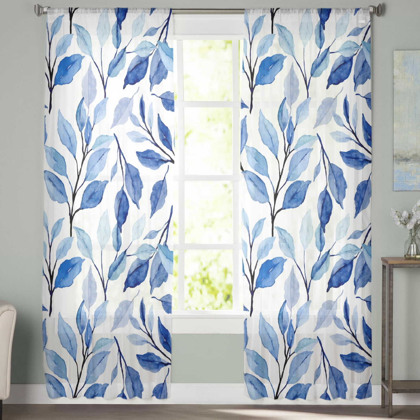 Sheer Curtains 72 inches Long, Blue Watercolor Leaves Light Filtering Sheer Window Curtains Rod ...