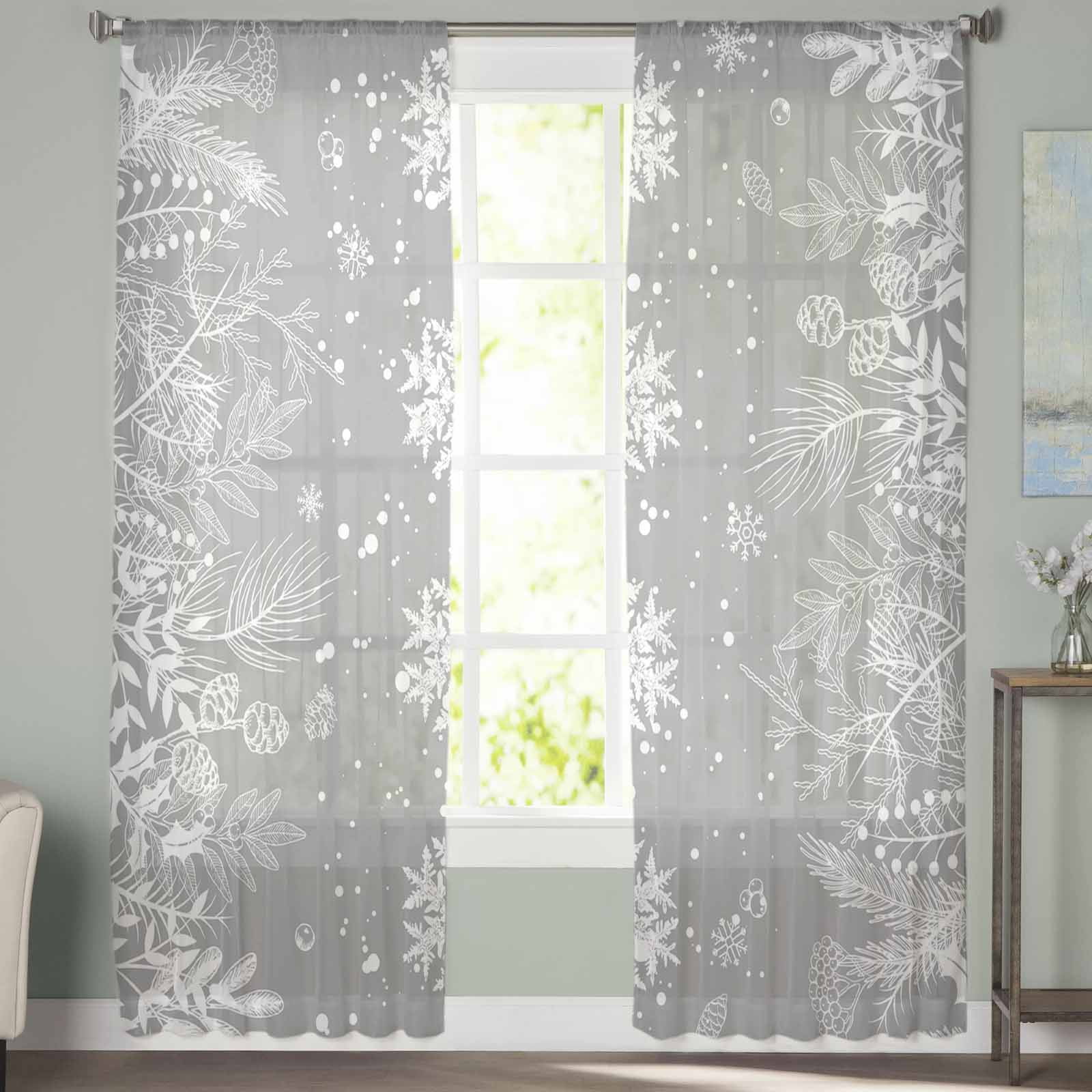 Sheer Curtains 72 inches Long, Christmas Snowflake Pine Leaves with ...