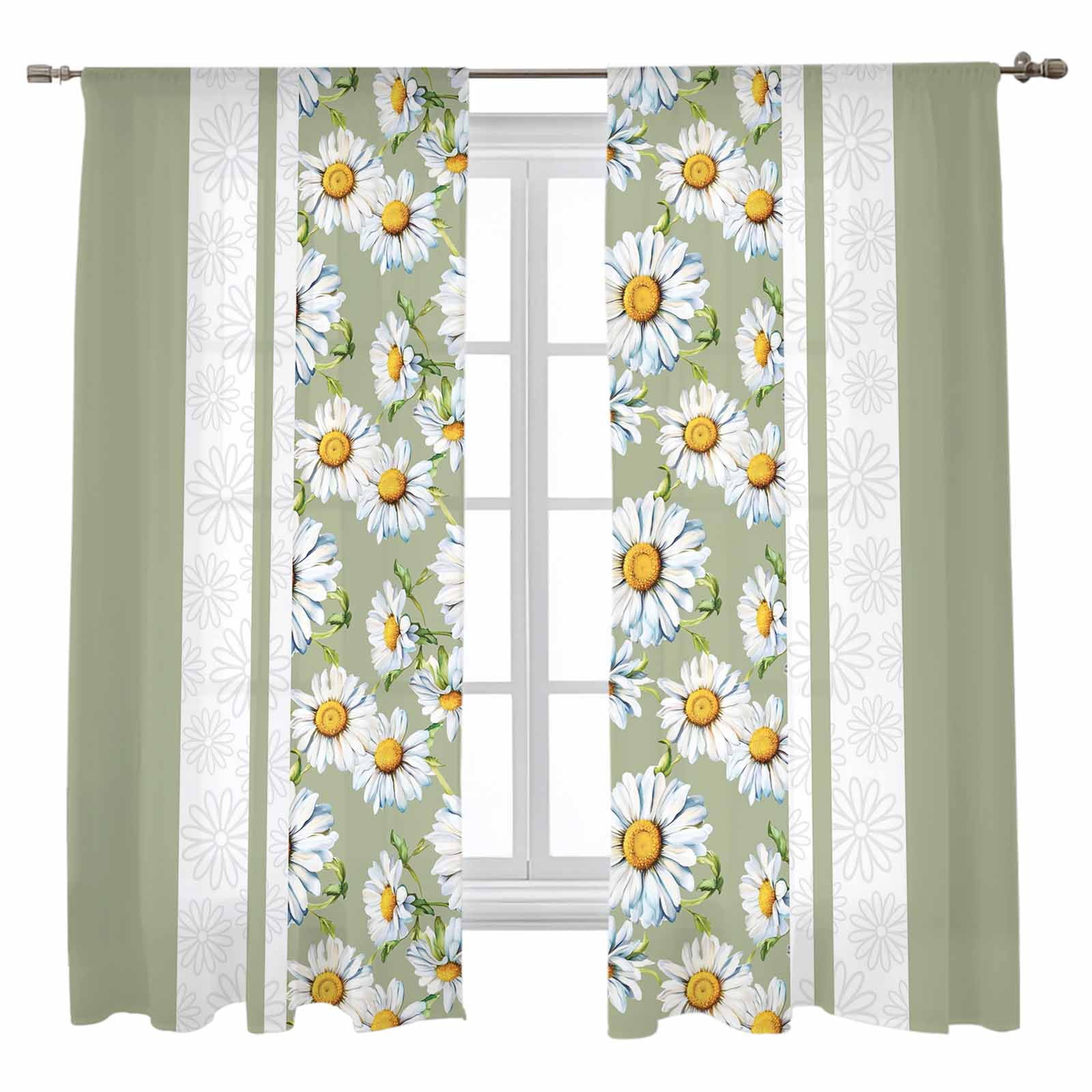 Sheer Curtains 72 inches Long, Country Daisy Sage Green Stripes Floral Watercolor Texture Light ...