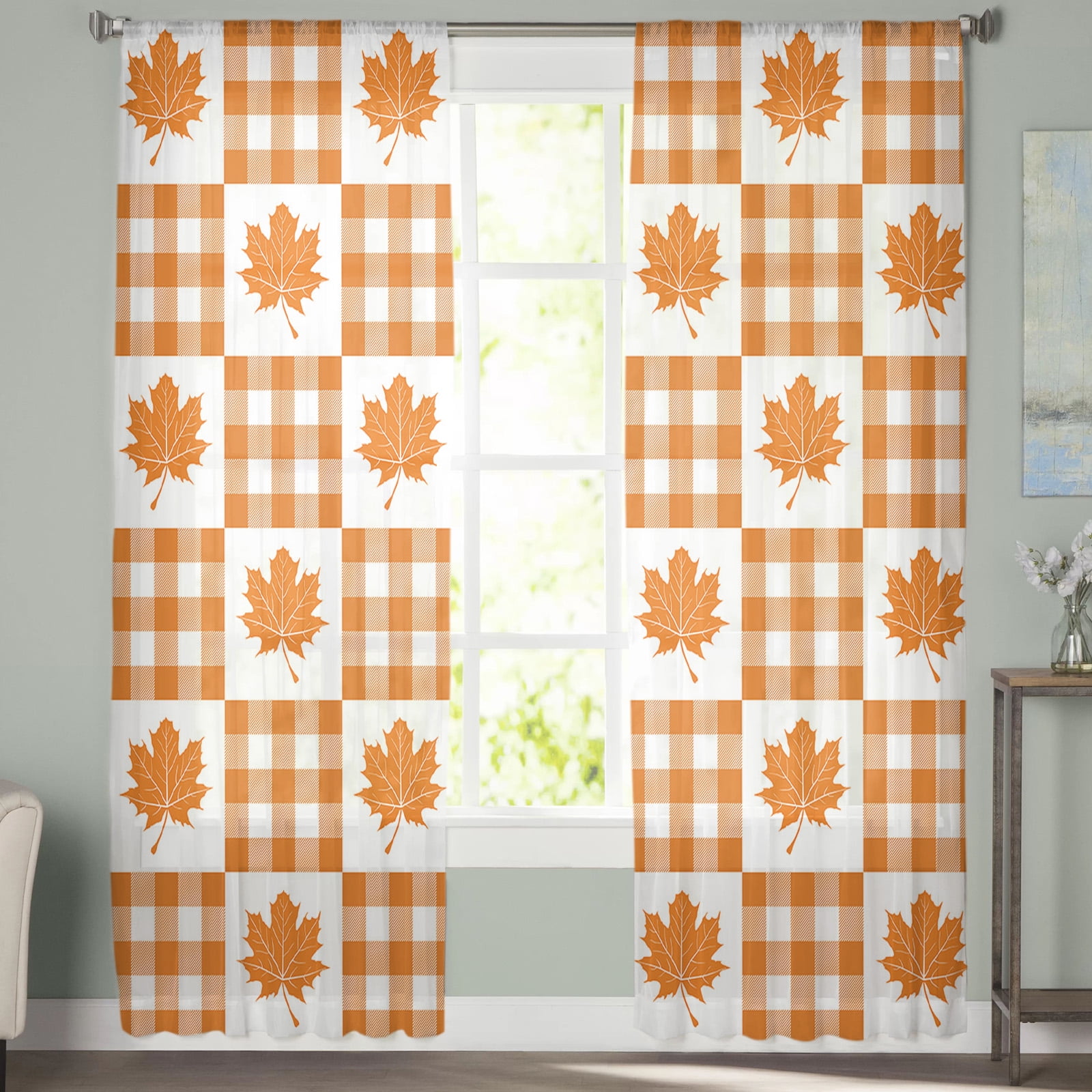 Sheer Curtains 72 inches Long, Fall Maple Thanksgiving Day Orange Buffalo Plaid Light Filtering ...