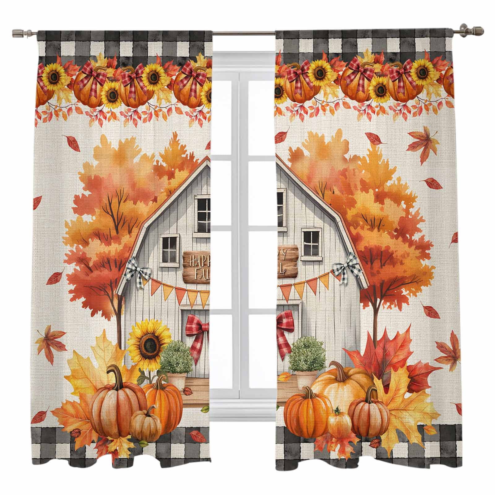 Sheer Curtains 72 inches Long, Fall Pumpkin Farmhouse Maple Leaf Black ...