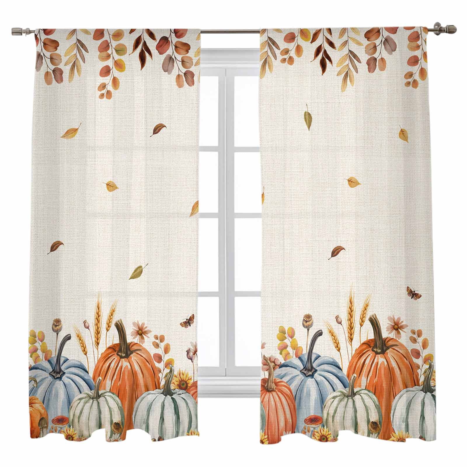 Sheer Curtains 72 inches Long, Fall Pumpkin Orange Blue Autumn Leaves ...