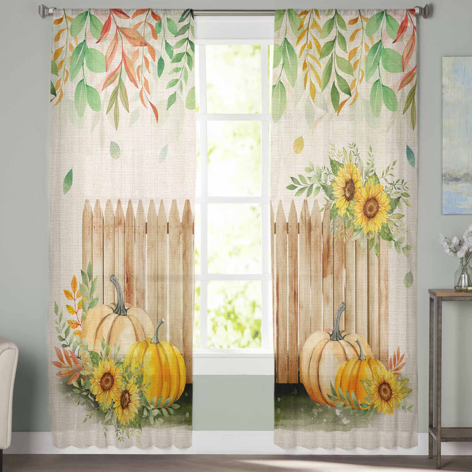 Sheer Curtains 72 inches Long, Fall Thanksgiving Pumpkin Rustic Leaves ...