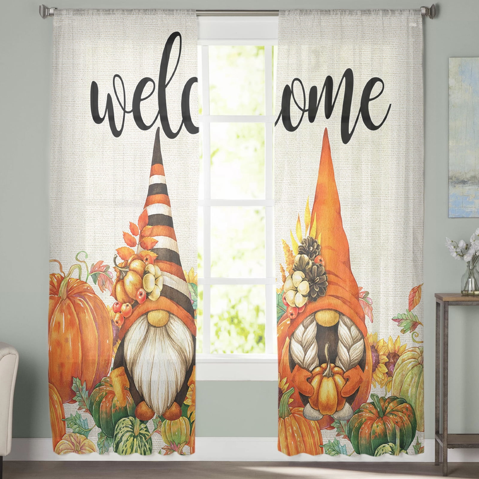 Sheer Curtains 72 inches Long, Fall Welcome Cute Gnome Pumpkin ...