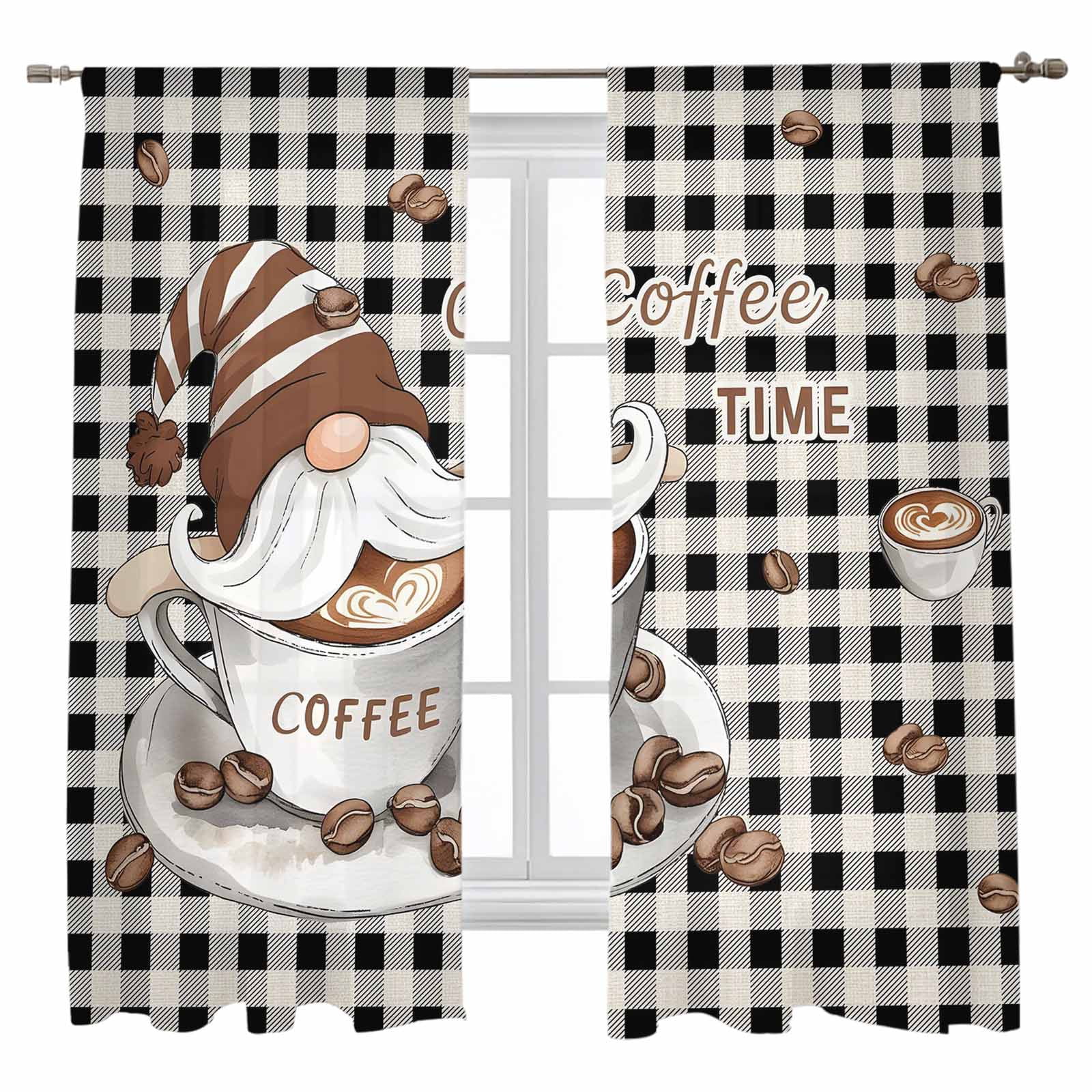 Sheer Curtains 72 inches Long, Farmhouse Coffee Time Brown Gnome Black ...