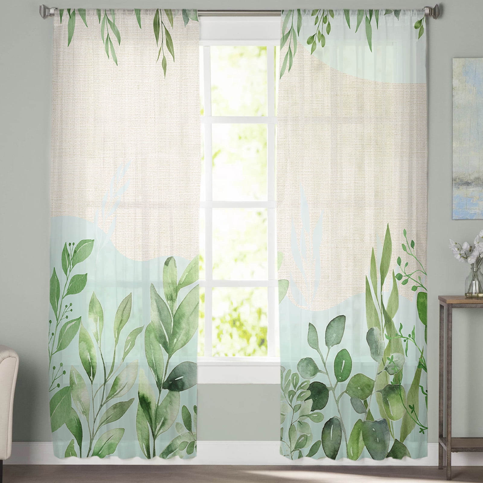 Sheer Curtains 72 inches Long, Green Water Grass Leaves Hand-Painted ...