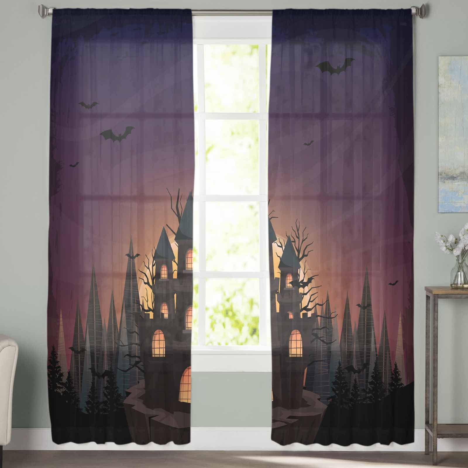 Sheer Curtains 72 inches Long, Halloween Forest Bat Castle Illustration ...