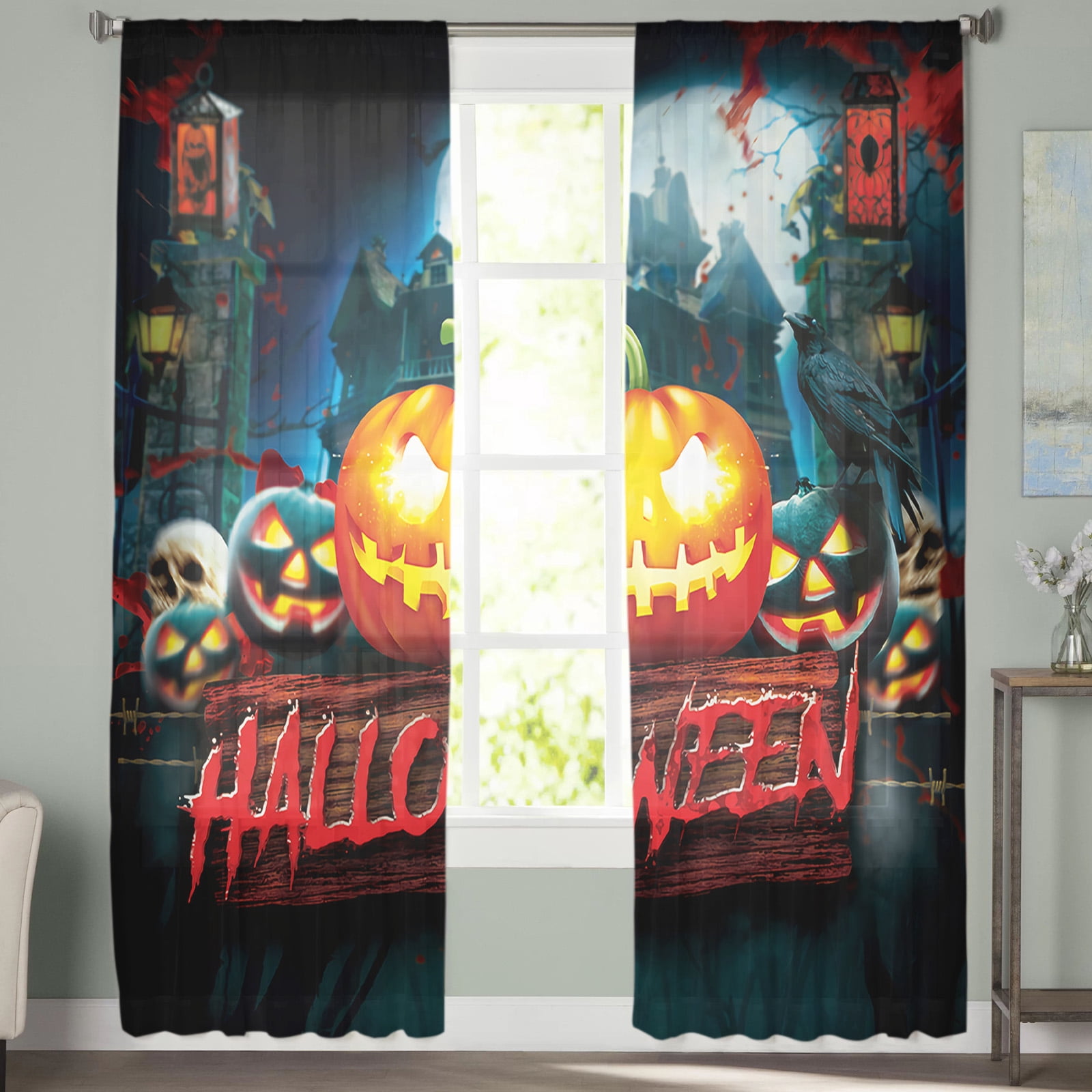 Sheer Curtains 72 inches Long, Halloween Scary Pumpkin Bloody Castle ...