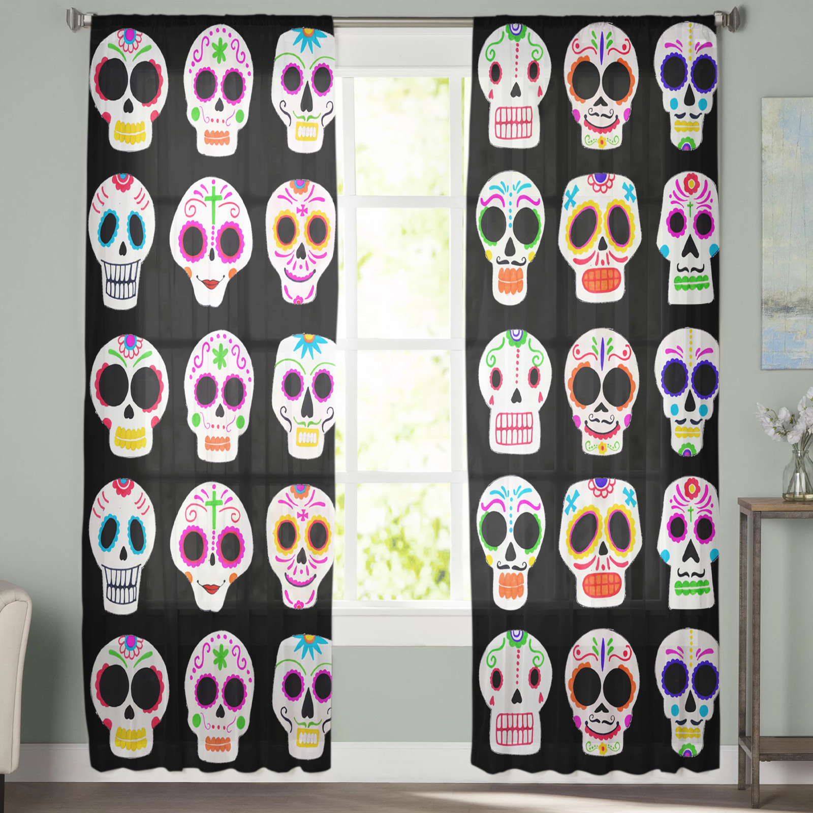 Sheer Curtains 72 inches Long, Halloween Sugar Skull Day of The Dead ...