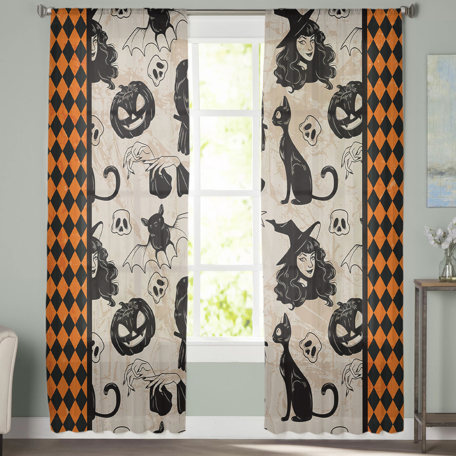 Sheer Curtains 72 inches Long, Halloween Witch Bat Skull Orange Plaid ...