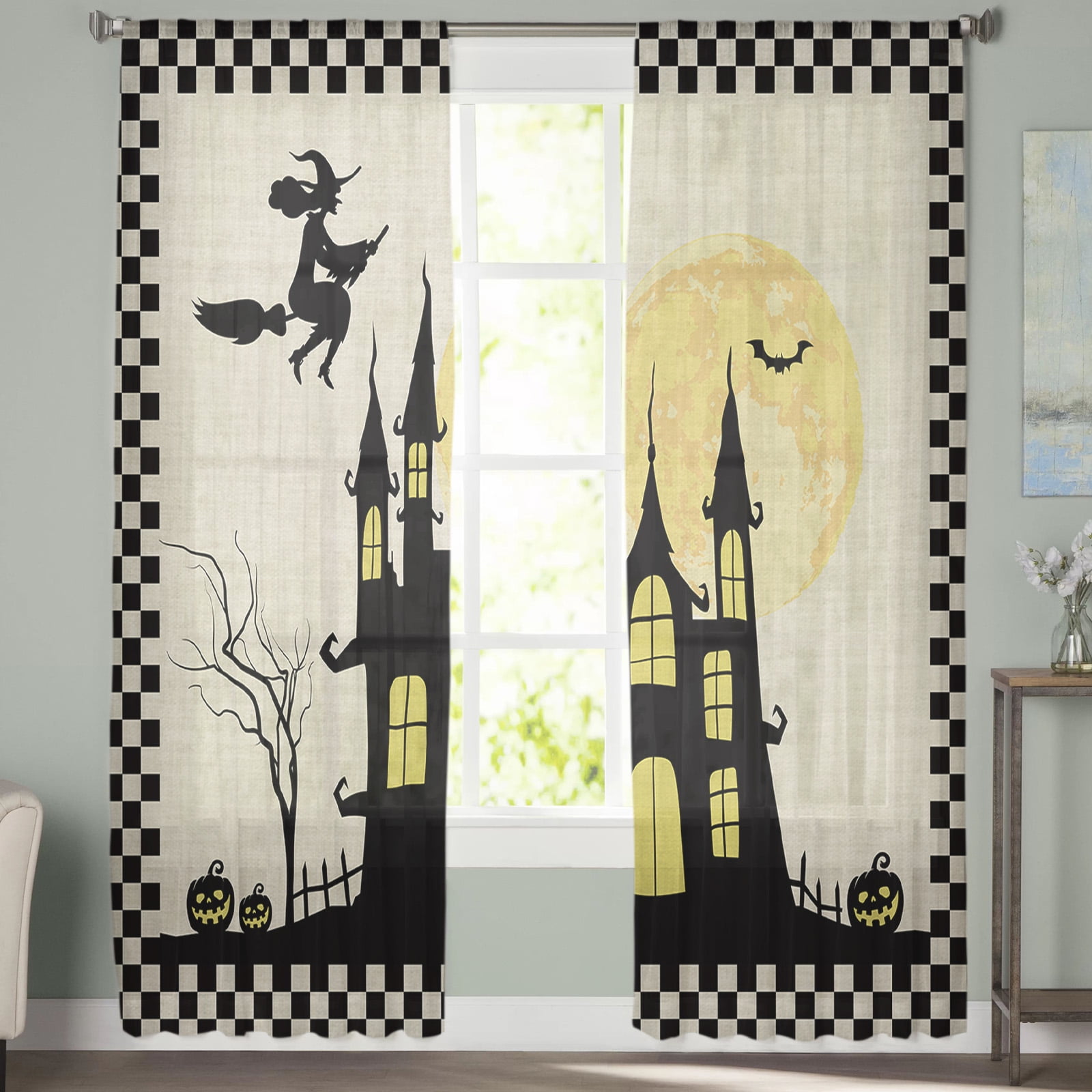 Sheer Curtains 72 inches Long, Halloween Witch Haunted House Moon Night Light Filtering Sheer ...