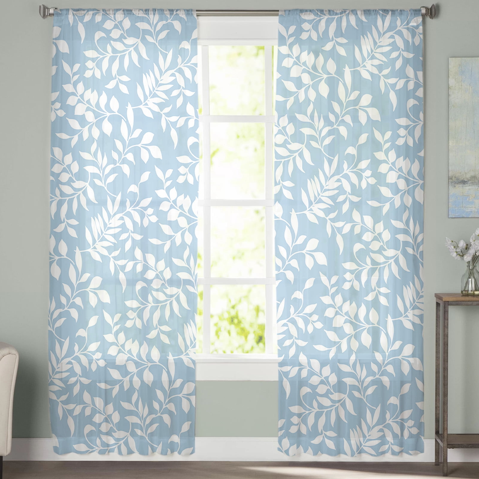 Sheer Curtains 72 inches Long, Leaves Pattern Blue background Light ...