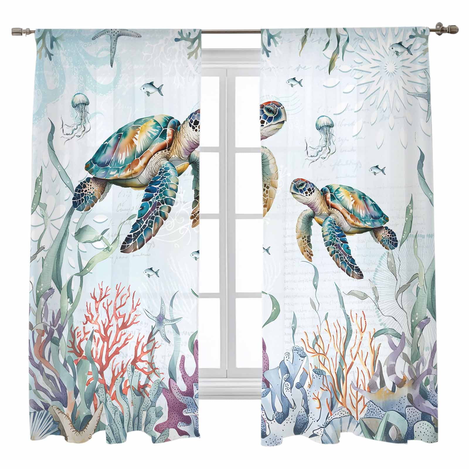 Sheer Curtains 72 inches Long, Ocean Sea Turtle Coral Seagrass Marine Life Coastal Teal Light ...