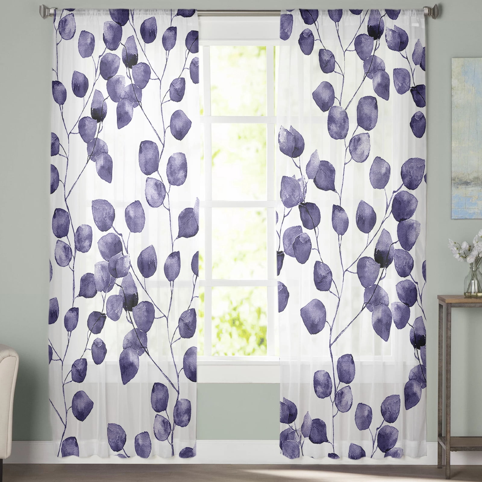 Sheer Curtains 72 inches Long, Purple Gradient Leaves Light Filtering ...