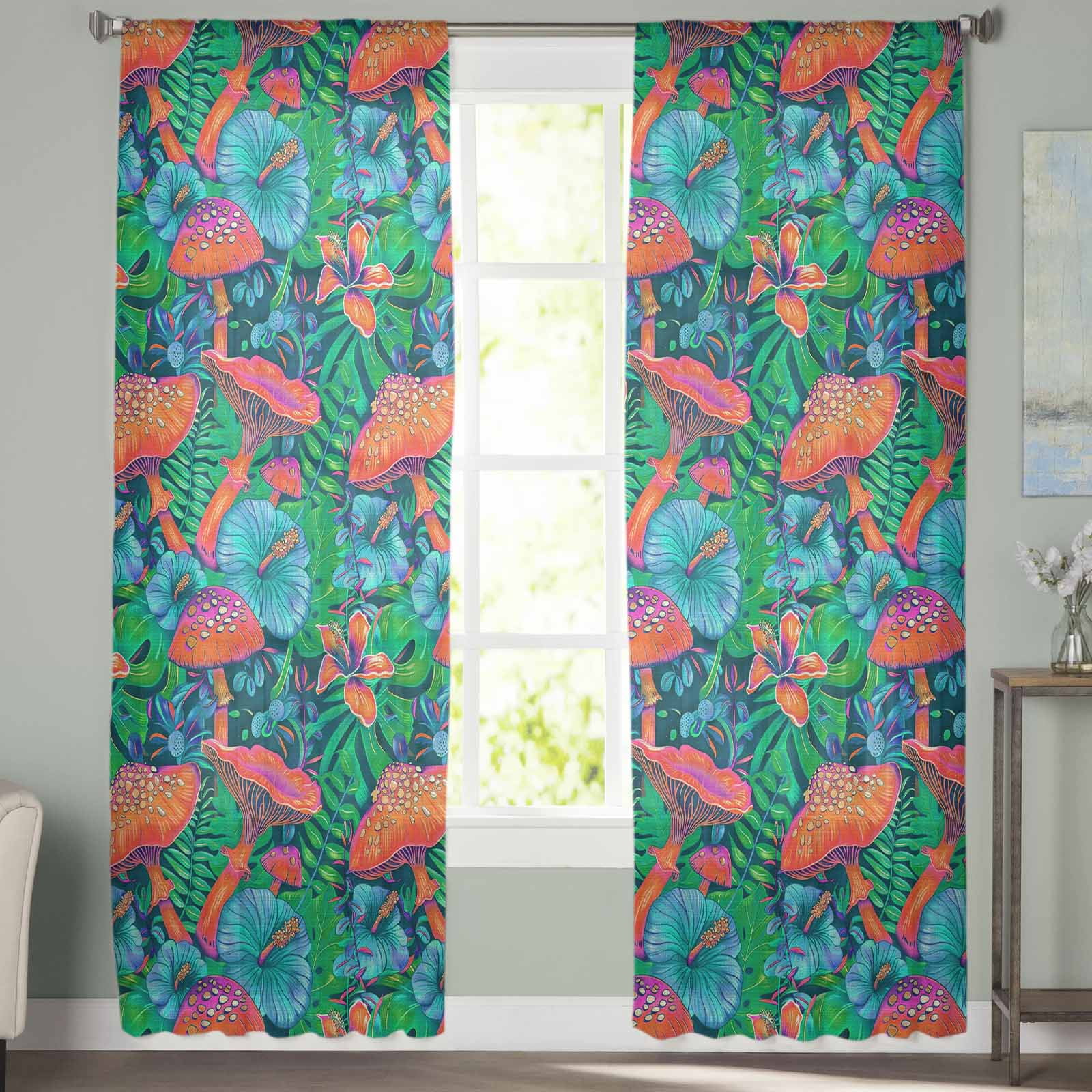 Sheer Curtains 72 inches Long, Red Mushroom Blue Flowers Green Plants ...