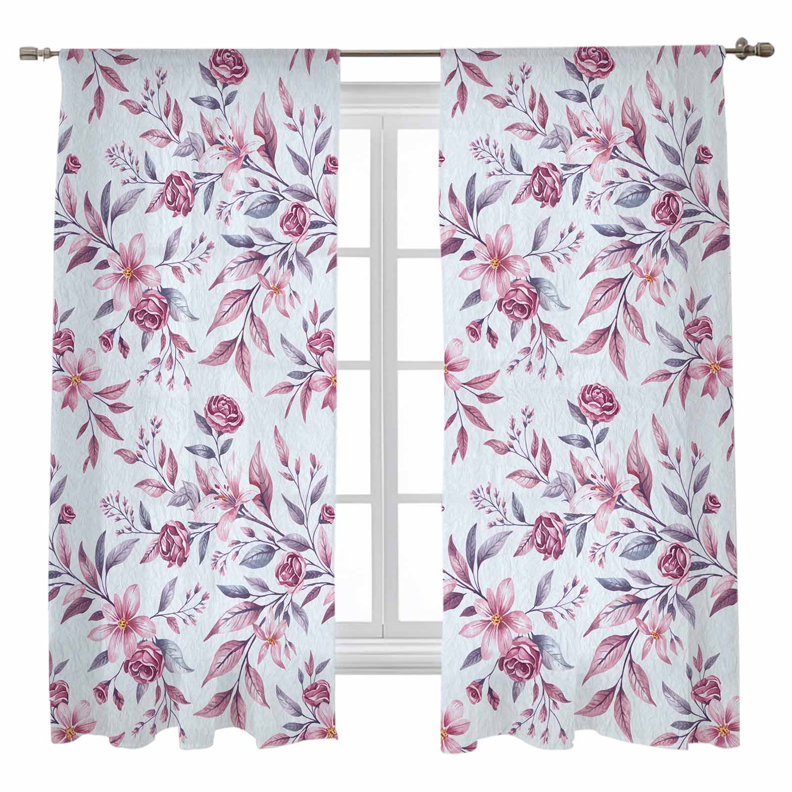 Sheer Curtains 72 inches Long, Retro Pink Flower Blue Leaf Plant Country Watercolor Light ...
