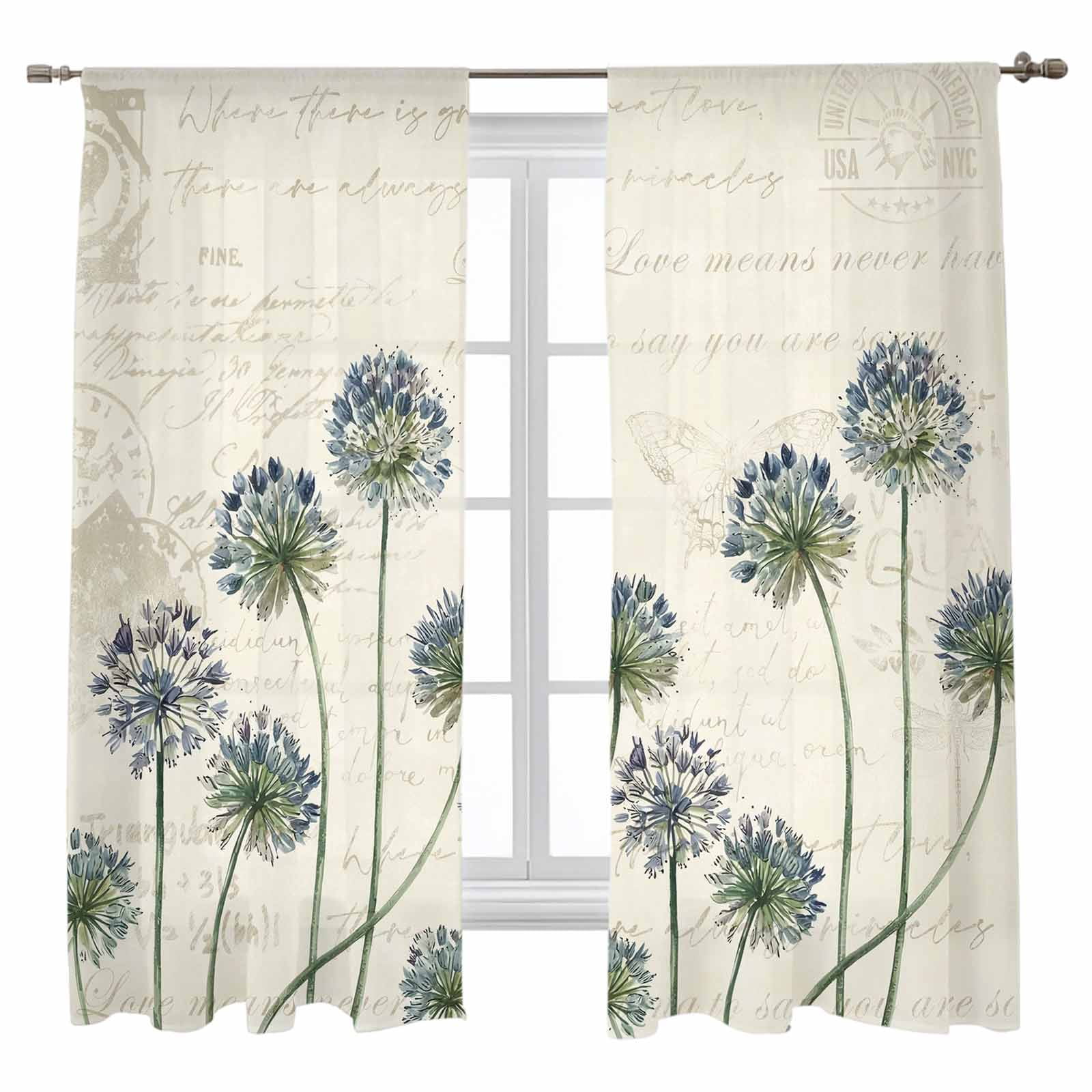 Sheer Curtains 72 inches Long, Rustic Dandelion Farmhouse Flower ...