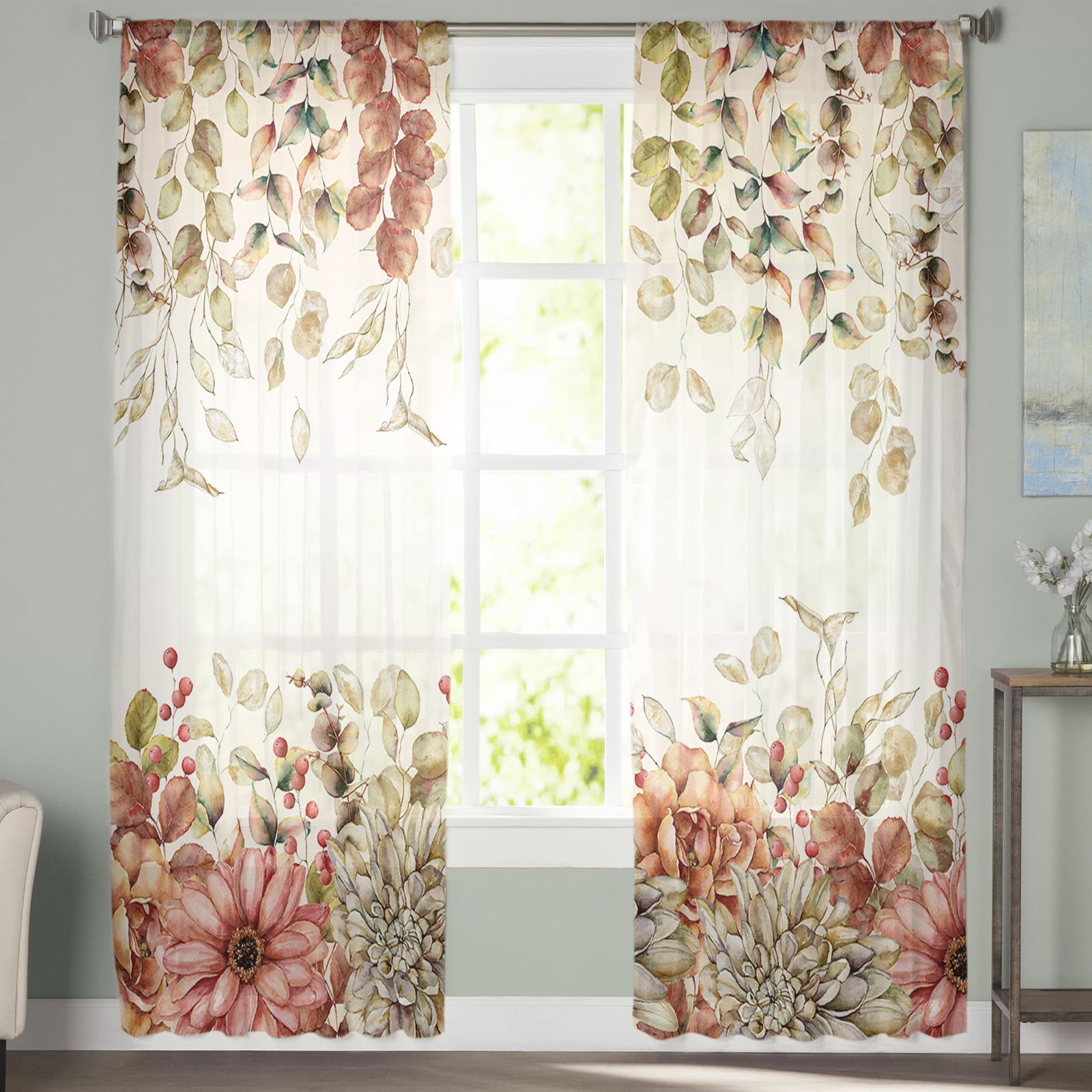 Sheer Curtains 72 inches Long, Rustic Farmhouse Dahlia Eucalyptus Ombre ...