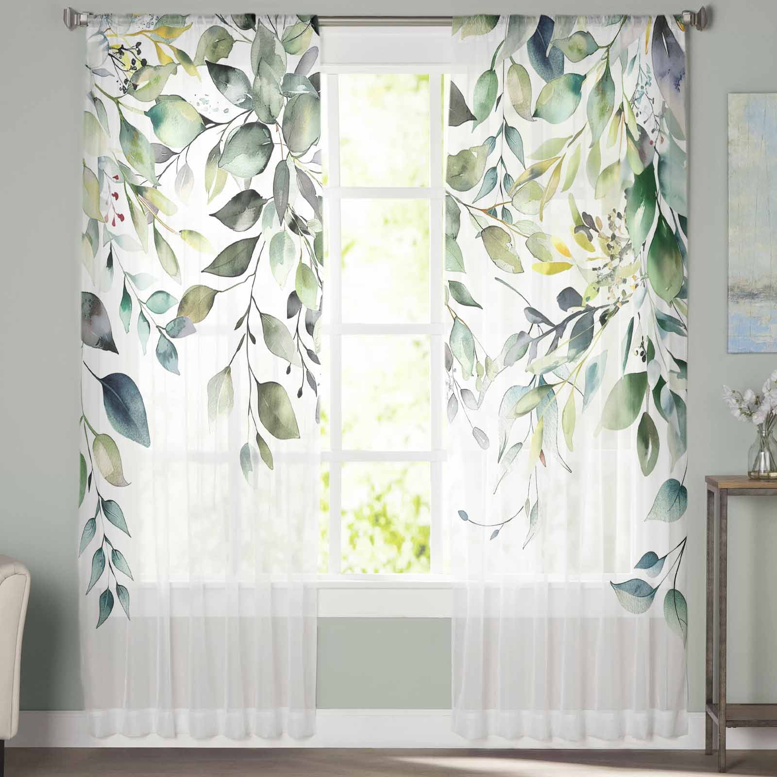 Sheer Curtains 72 inches Long, Sage Green Farm Eucalyptus Leaves ...