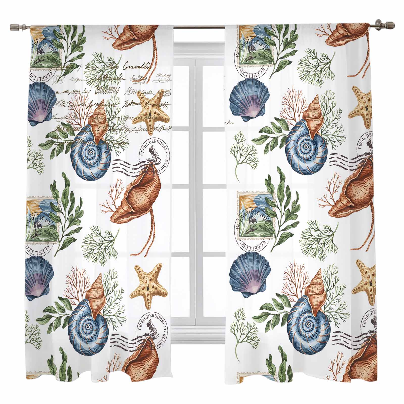 Sheer Curtains 72 inches Long, Summer Conch Retro Text Shell Starfish ...