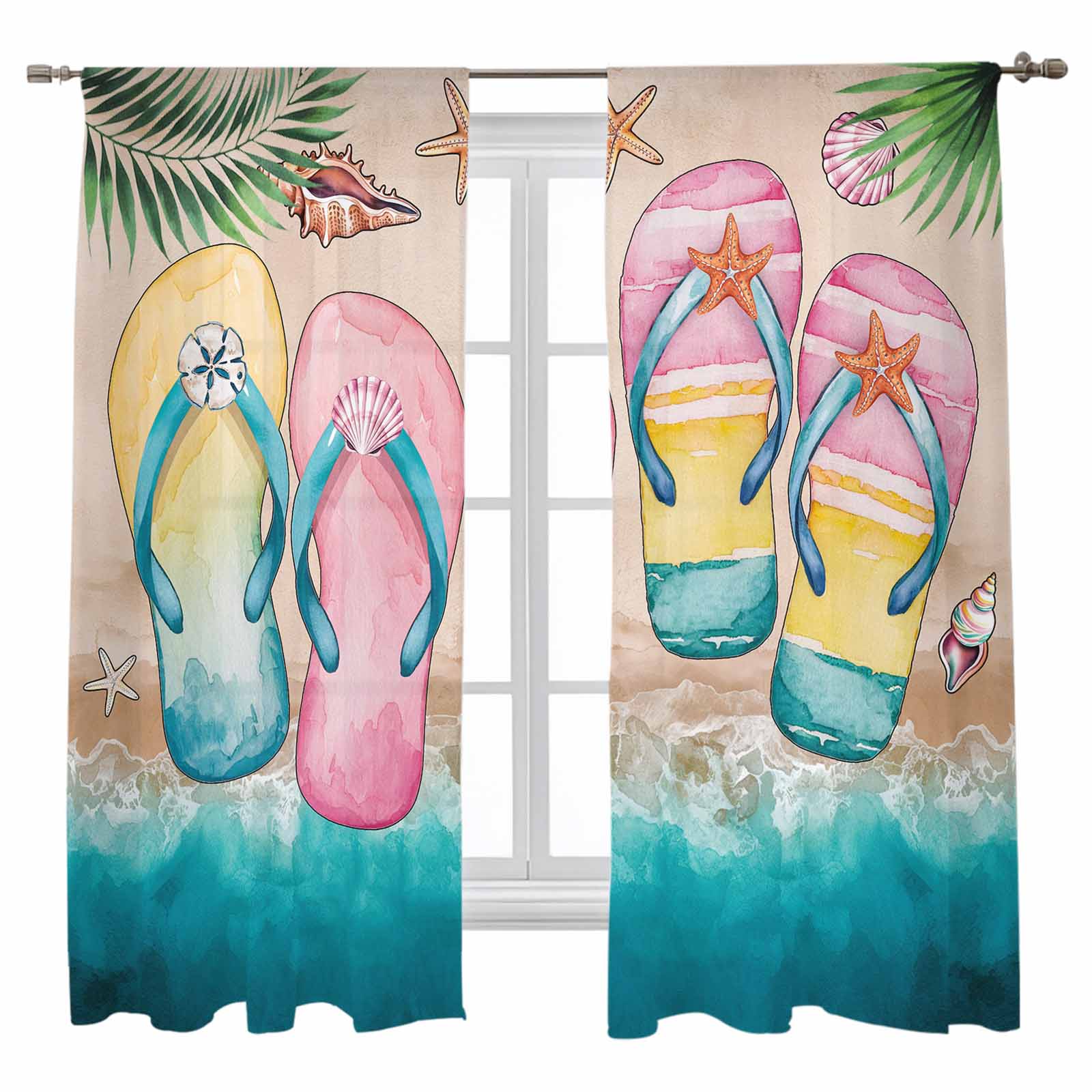 Sheer Curtains 72 inches Long, Summer Slippers Beach Ocean Wave Shells ...
