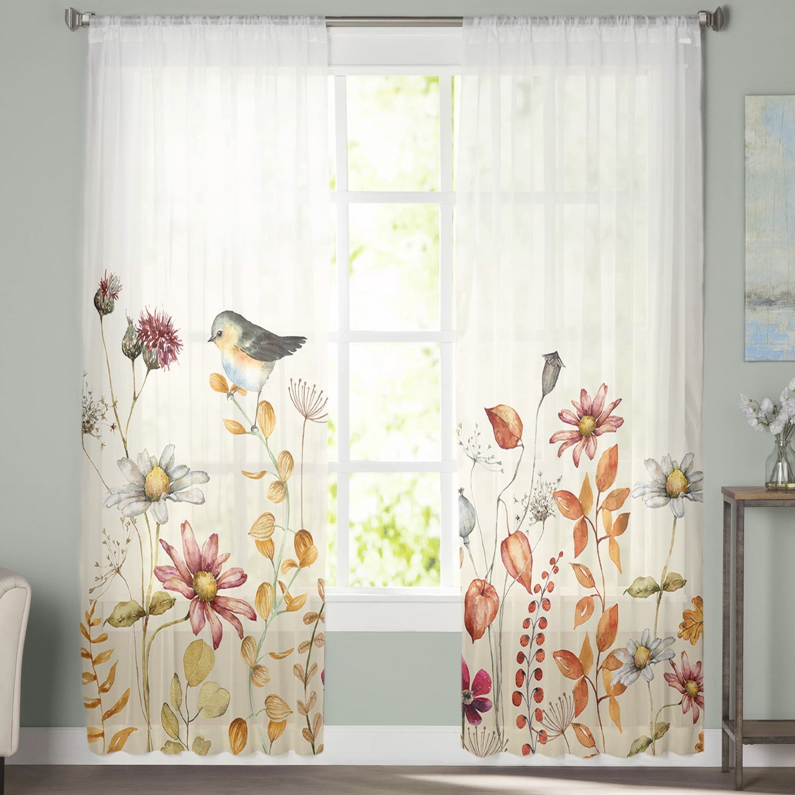 Sheer Curtains 72 inches Long, Thanksgiving Fall Country Farmhouse Bird ...