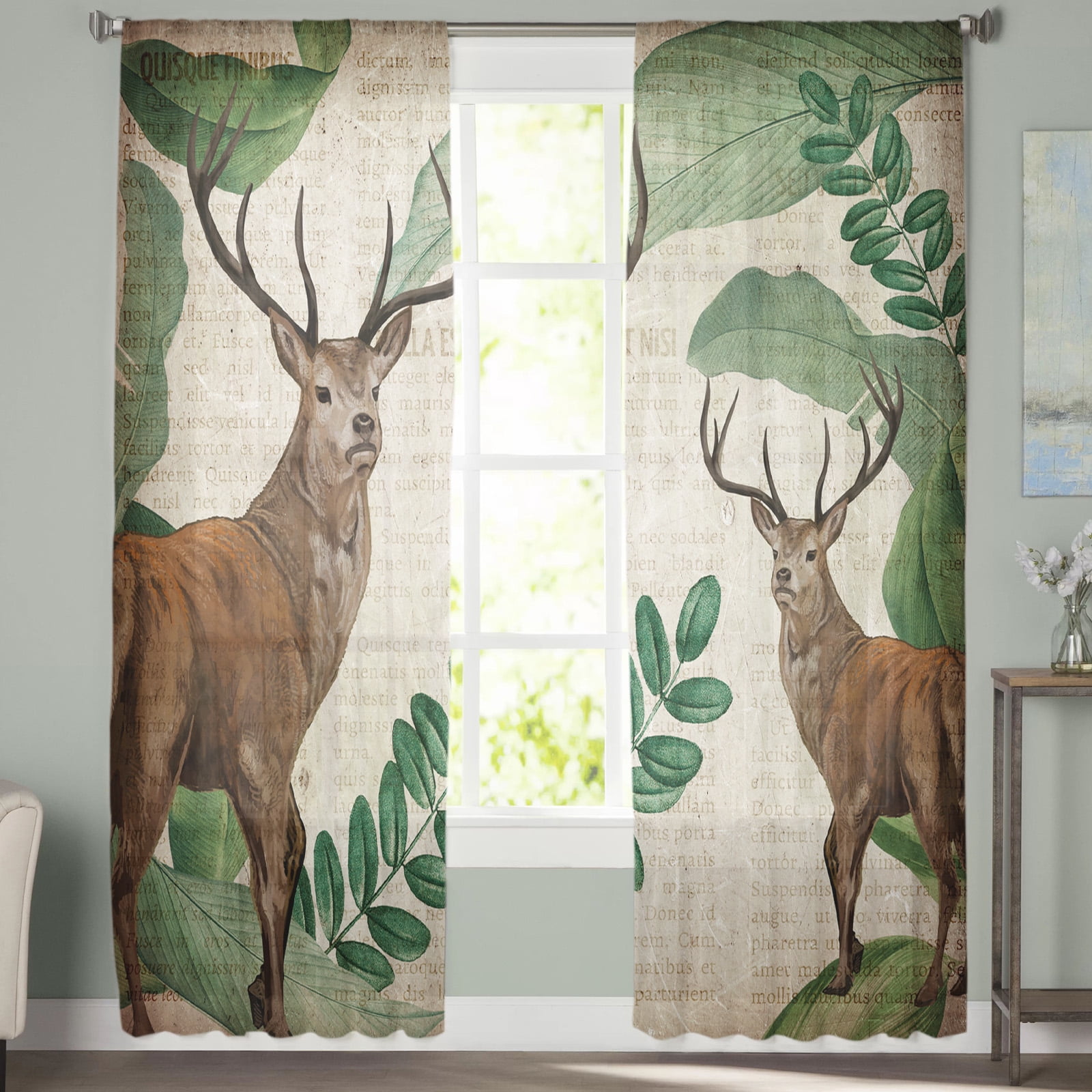 Sheer Curtains 72 inches Long, Tropical Plants Deer Animal Pattern ...