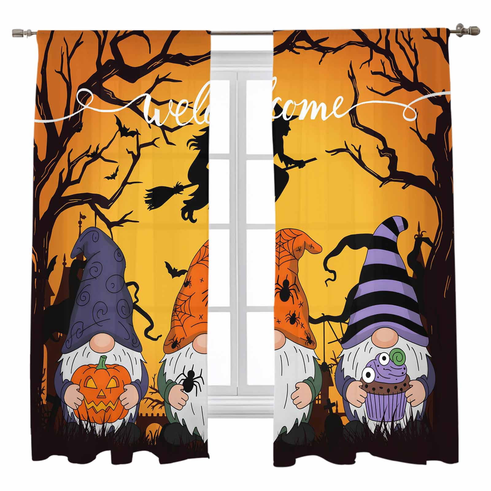Sheer Curtains 72 inches Long, Welcome Halloween Retro Flying Wizard ...
