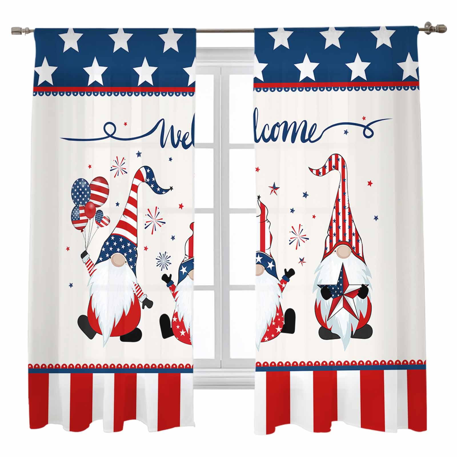 Sheer Curtains 72 inches Long, Welcome Independence Day Gnome Light ...