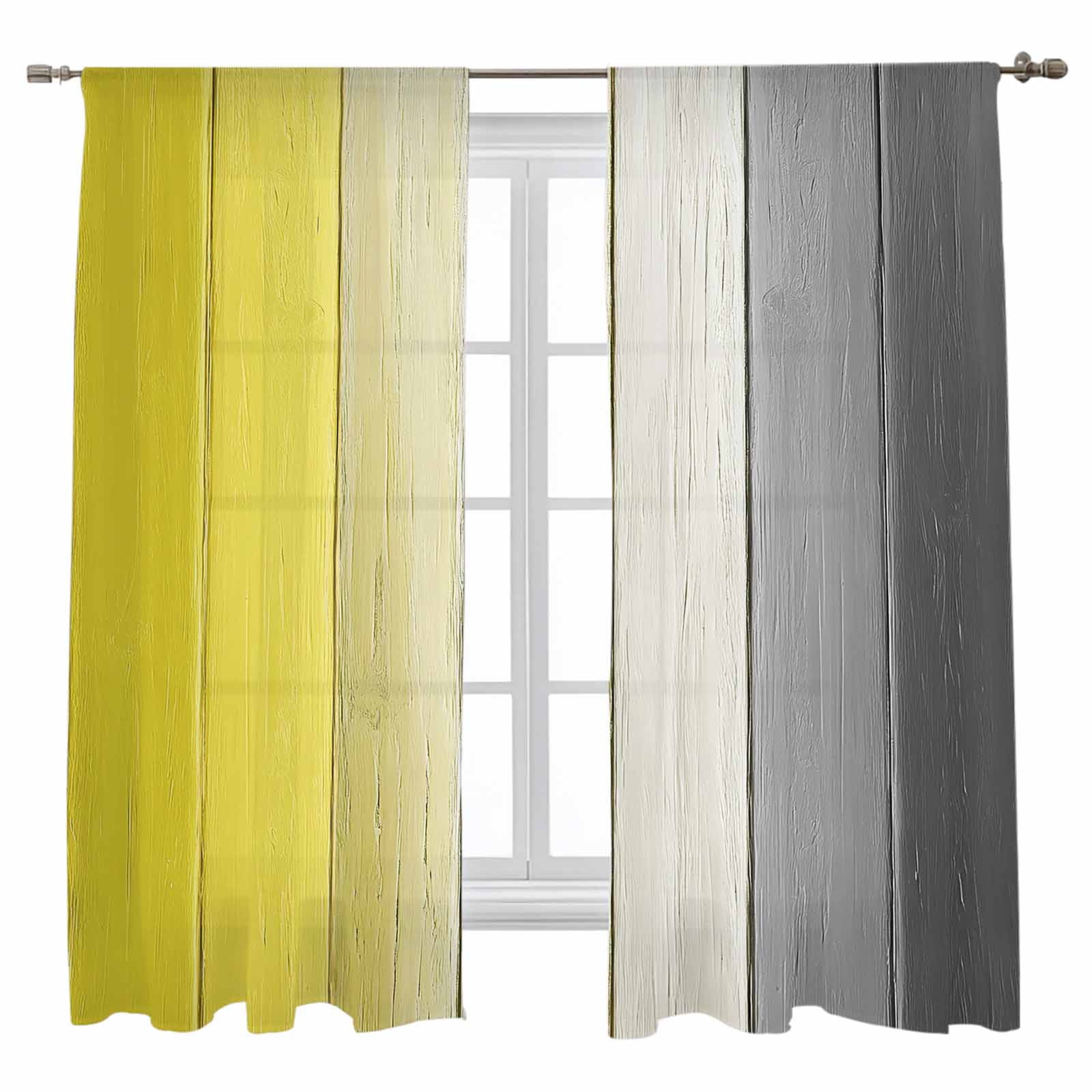 Sheer Curtains 72 inches Long, Yellow Grey Gradient Wood Grain Farmhouse Retro Striped Light ...