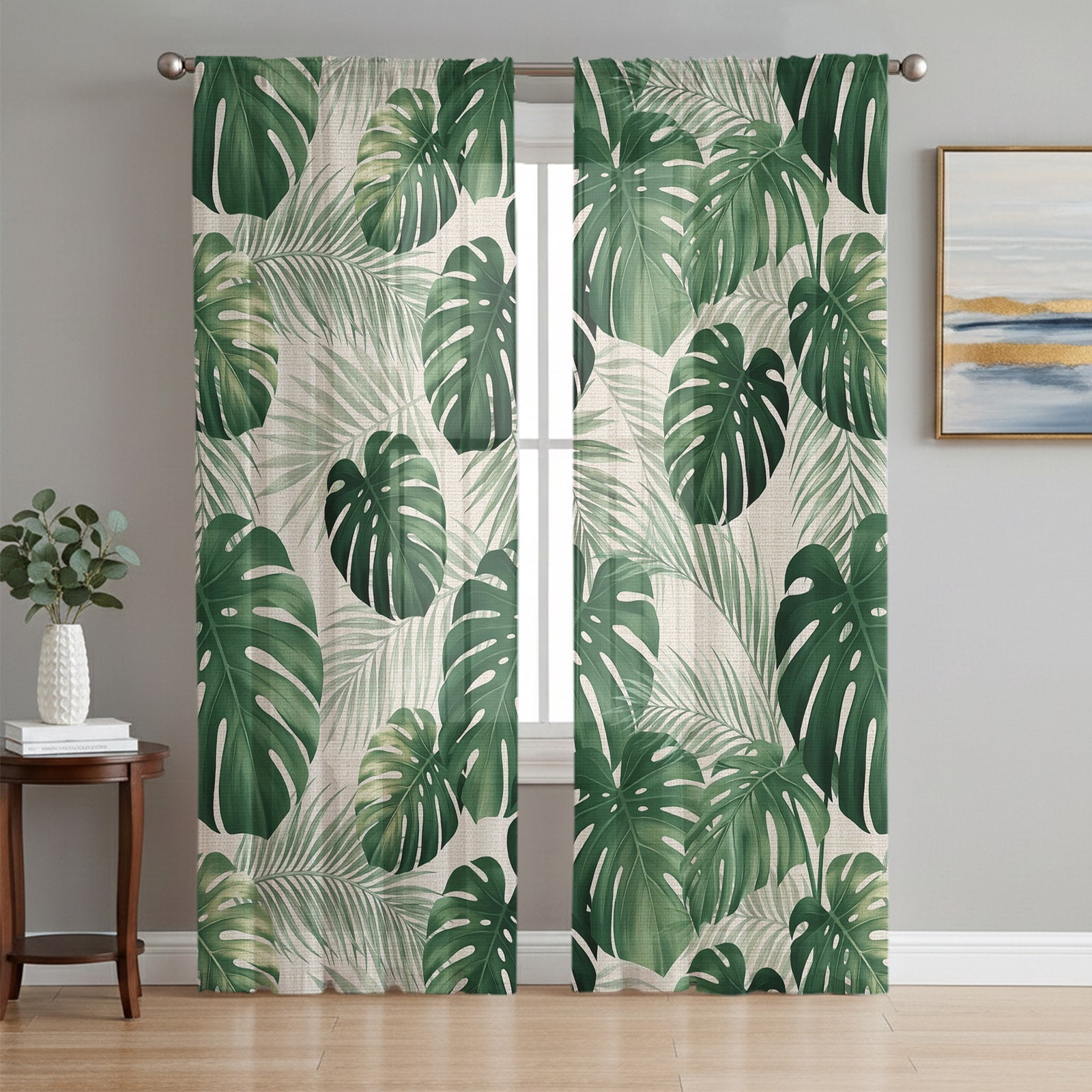 Sheer Curtains 84 Inches Long 2 Panels, Botanical Jungle Leaves on ...