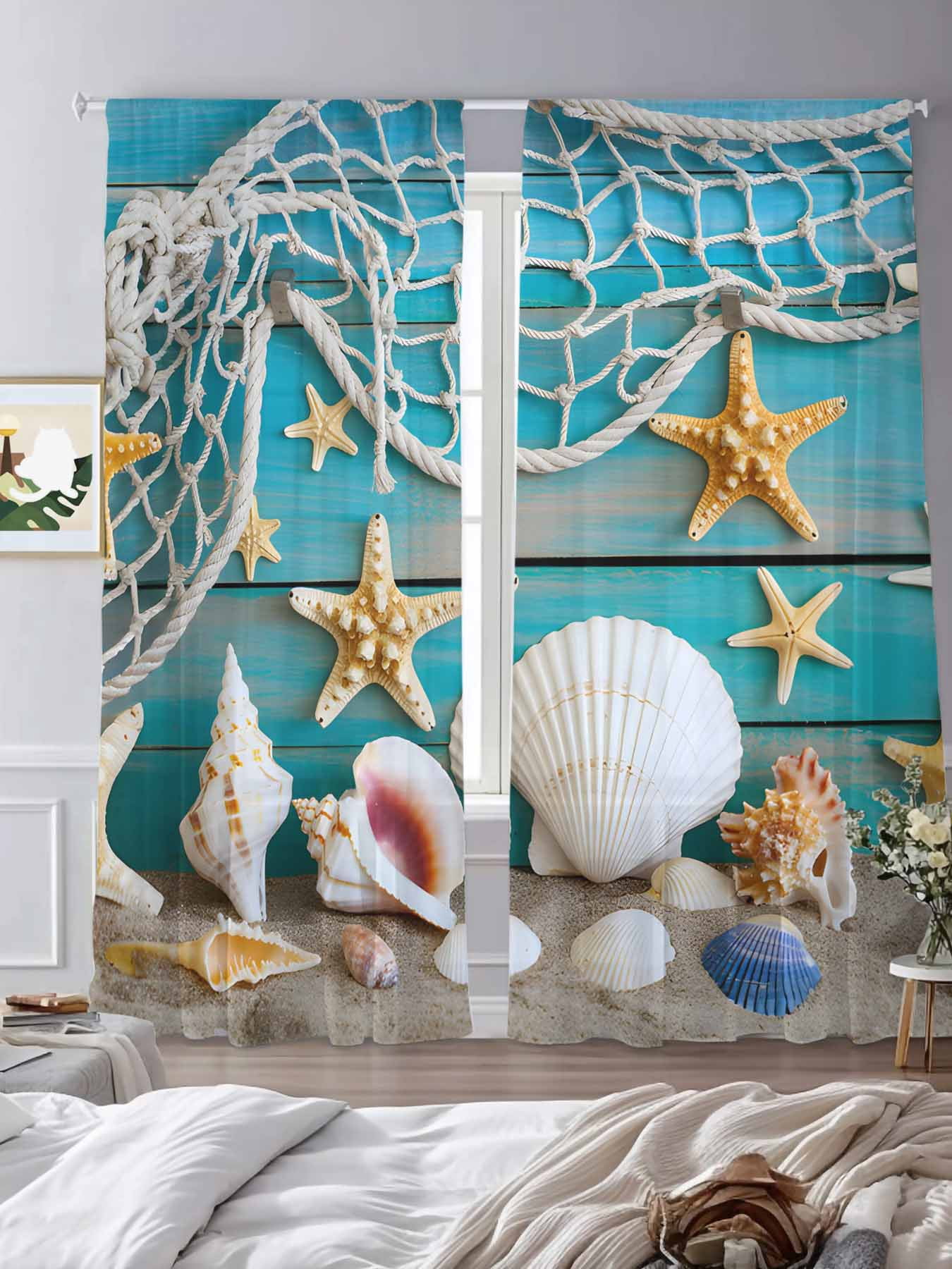Sheer Curtains 84 Inches Long 2 Panels, Ocean Beach Starfish Conch ...