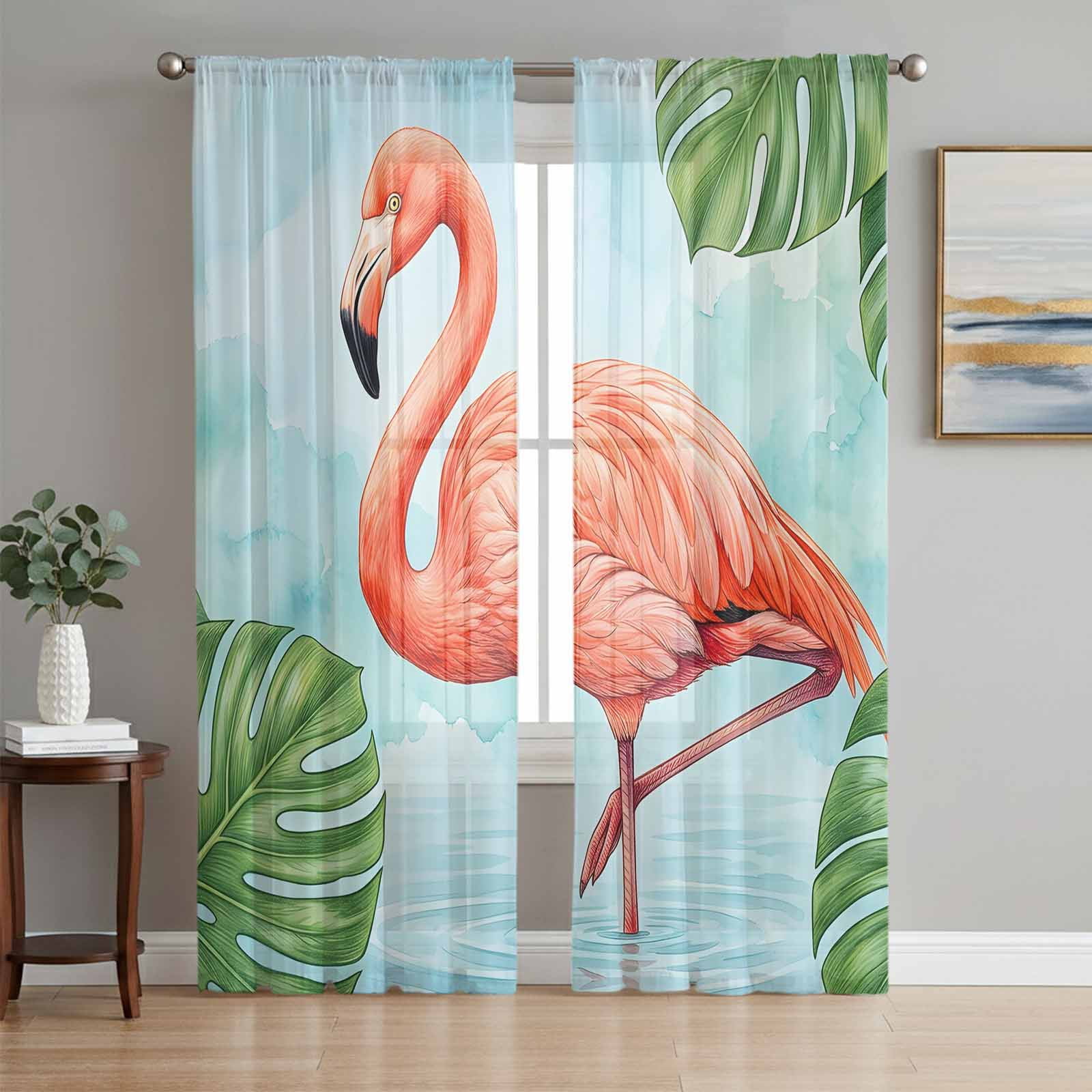 Sheer Curtains 84 Inches Long 2 Panels, Pink Flamingos Monstera Rod ...