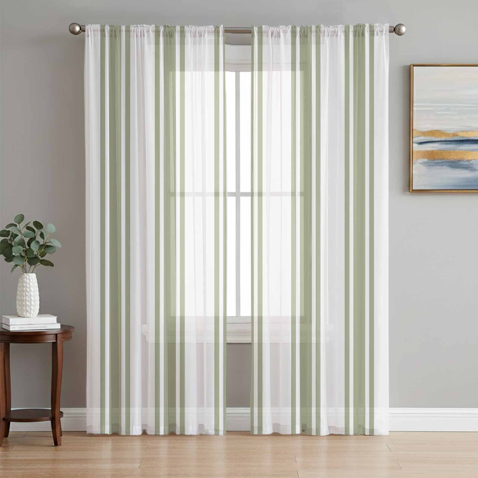 Sheer Curtains 84 Inches Long 2 Panels, Sage Green Stripe on White Rod ...
