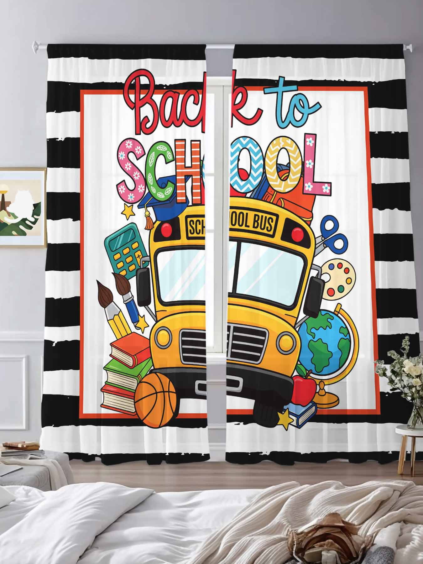 Sheer Curtains 84 Inches Long 2 Panels, School Season Bus Basketball ...