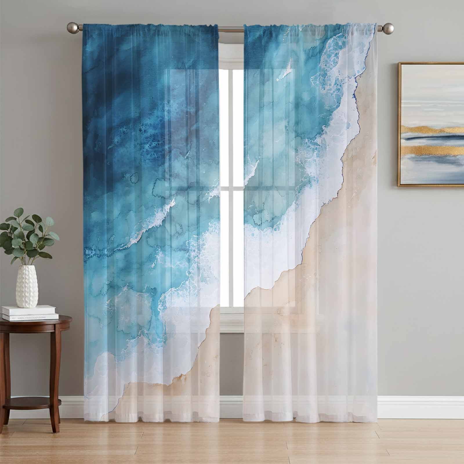 Sheer Curtains 84 Inches Long 2 Panels Set for Living Room, Blue Beach ...