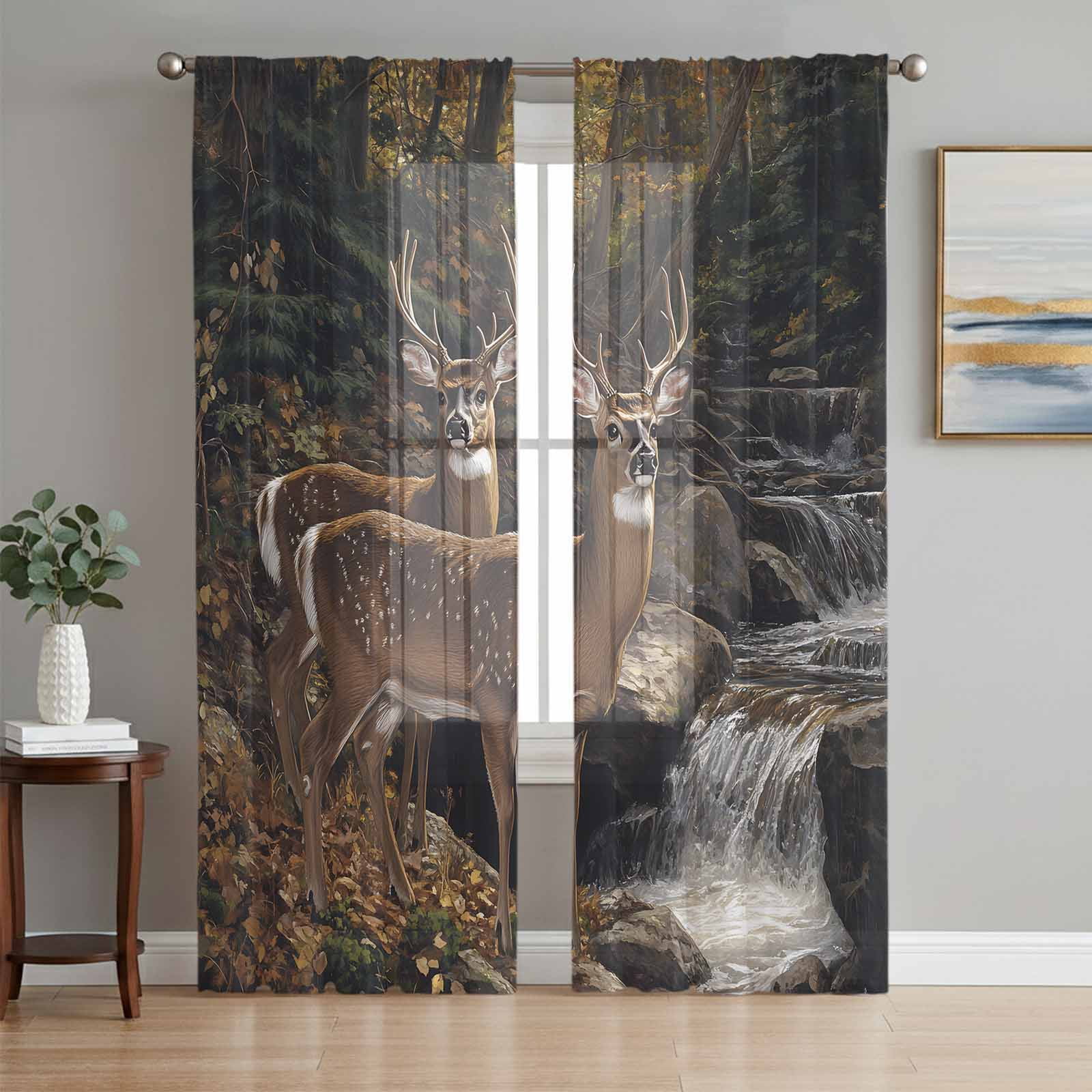 Sheer Curtains 84 Inches Long 2 Panels Set for Living Room, Forest Deer ...