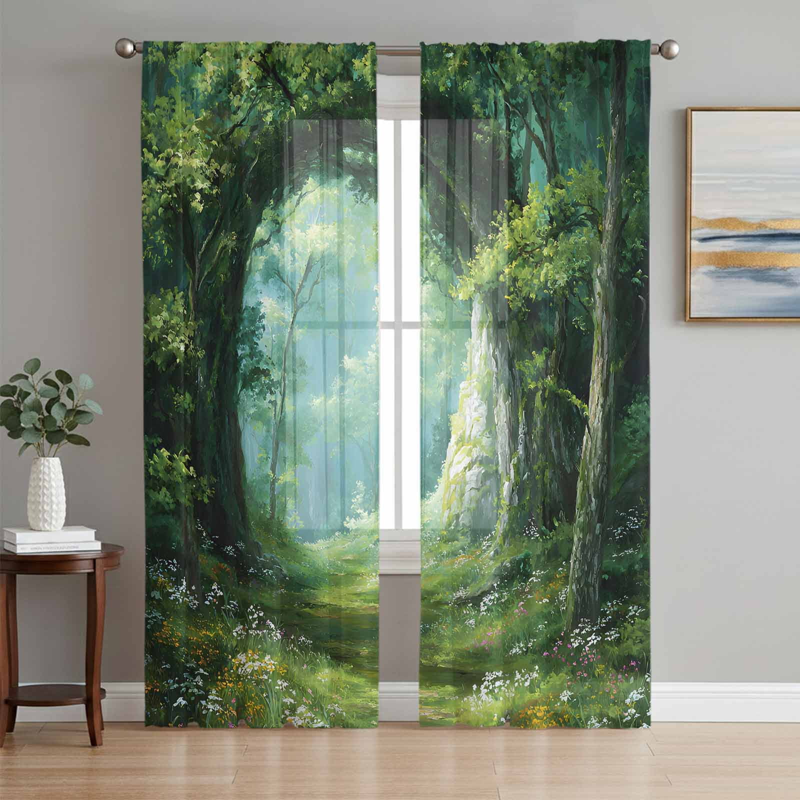 Sheer Curtains 84 Inches Long 2 Panels Set for Living Room, Forest Semi ...