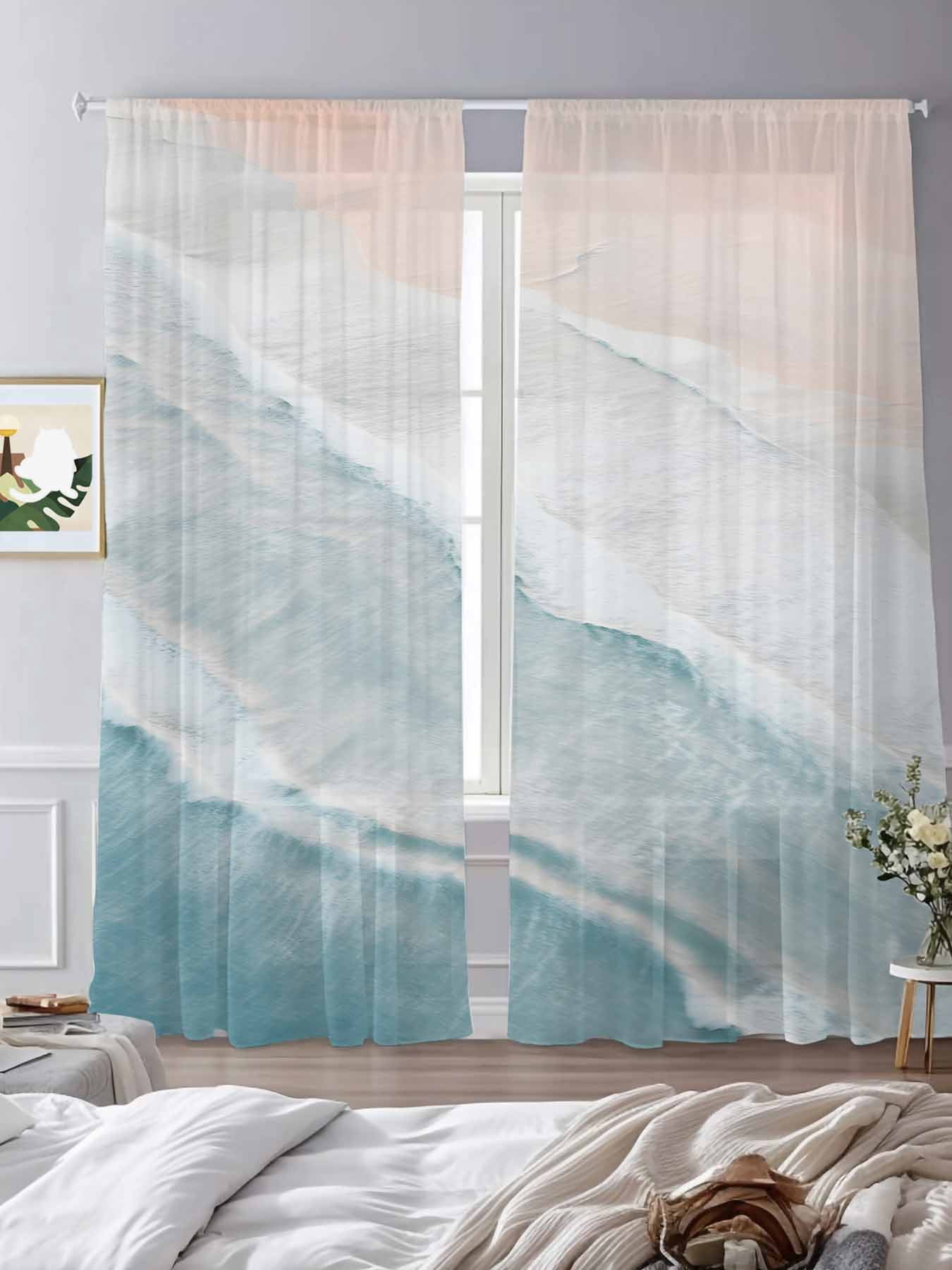 Sheer Curtains 84 Inches Long 2 Panels, Summer Beach Blue Ocean Rod ...
