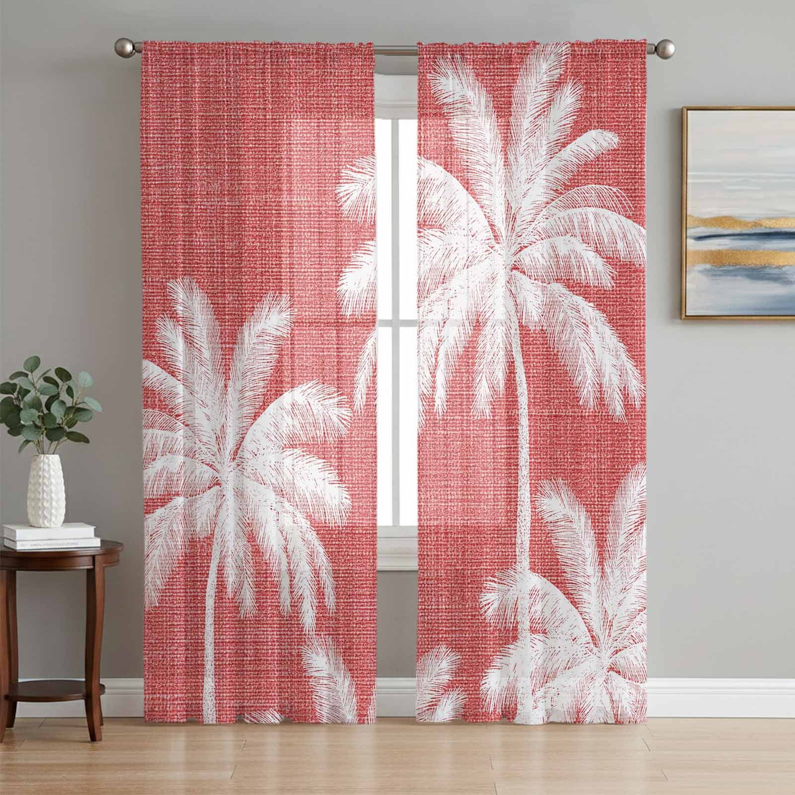 Sheer Curtains 84 Inches Long 2 Panels, Tropical Trees Coral Red Burlap ...