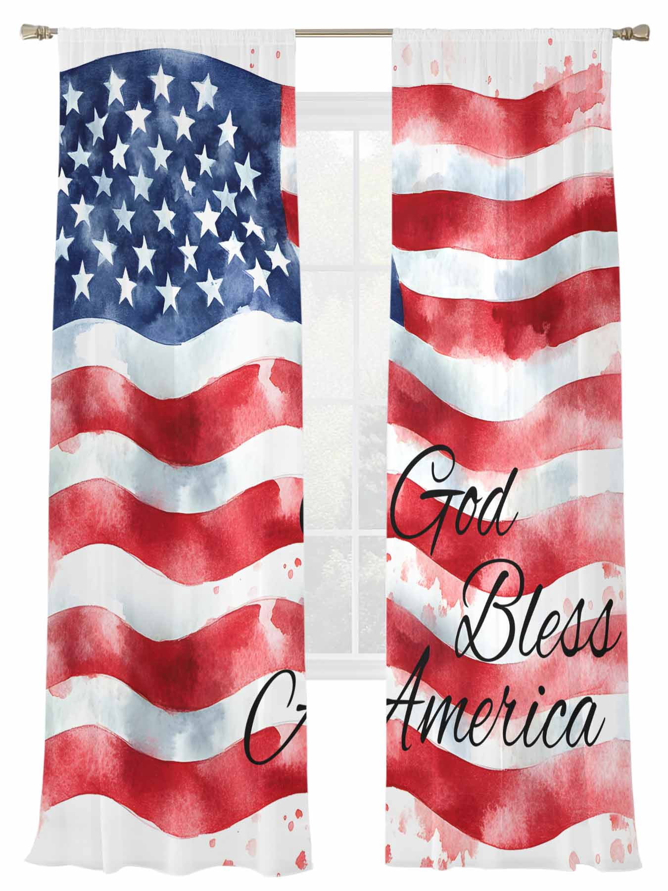 Sheer Curtains 84 inches Long 2 Panels Set American Flag Watercolor USA ...
