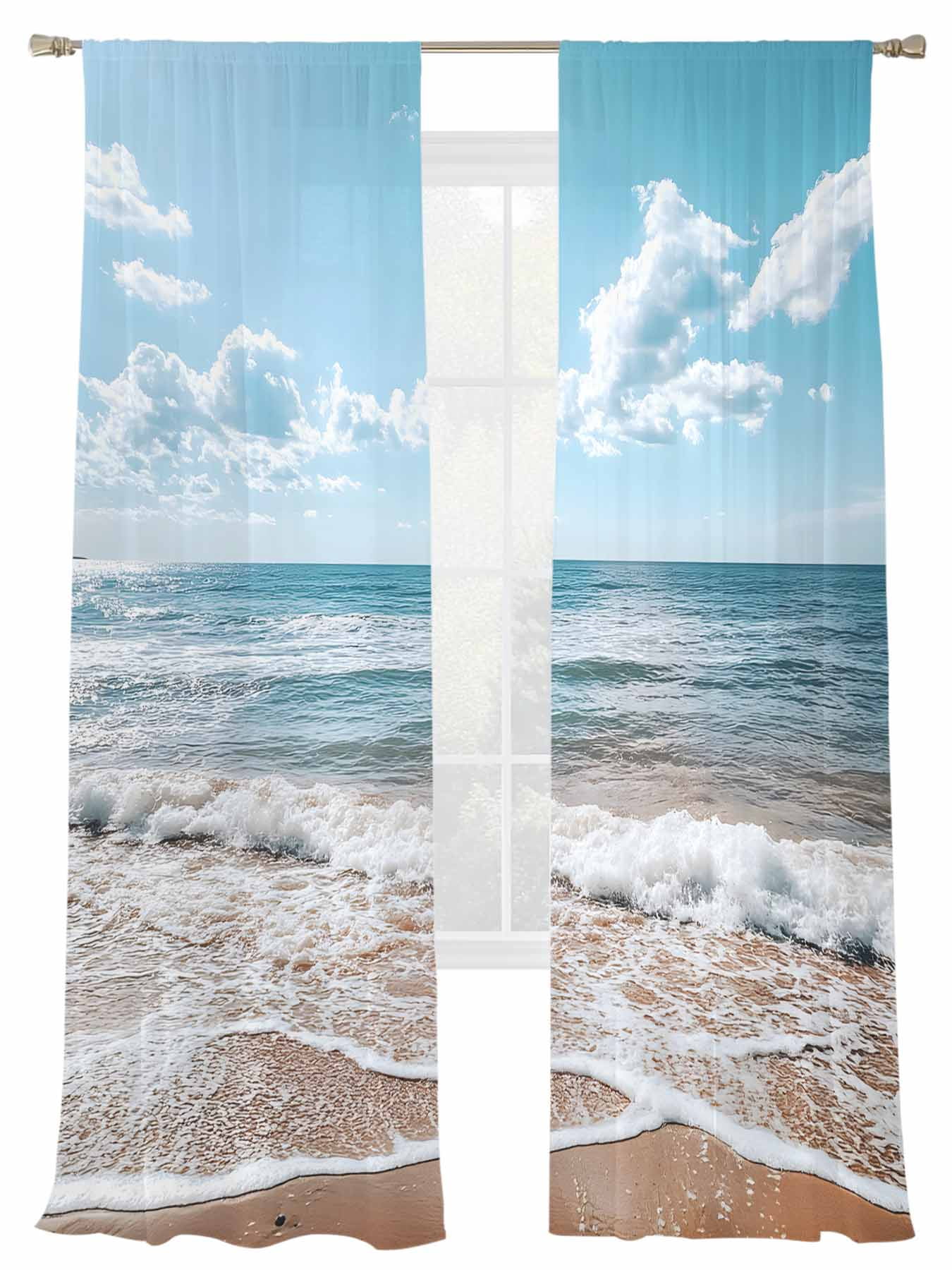 Sheer Curtains 84 inches Long 2 Panels Set Beach Ocean Scenery Summer ...