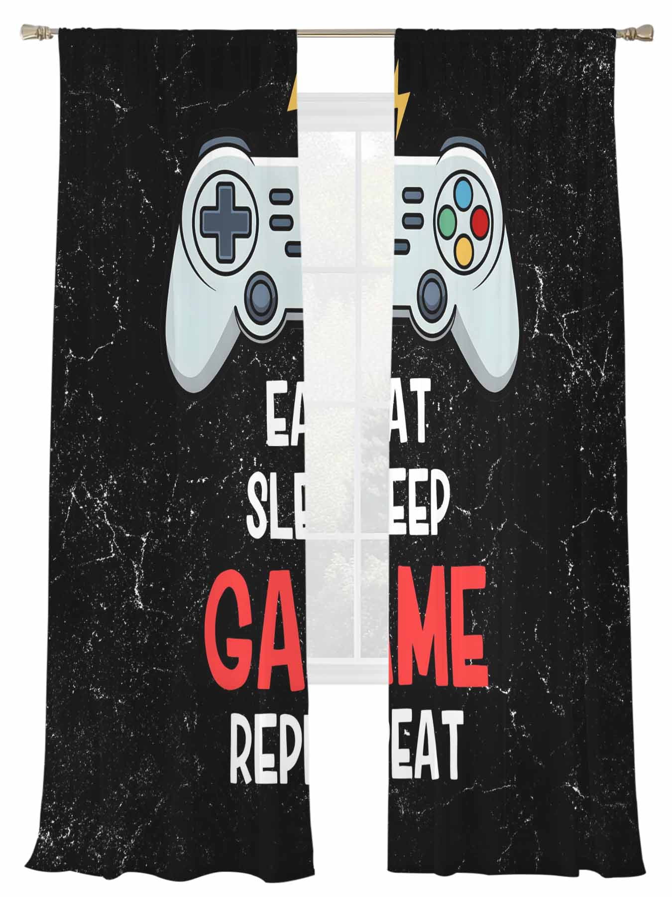 Sheer Curtains 84 inches Long 2 Panels Set Eat Sleep Game Repeat Cartoon Game Consoles Retro ...