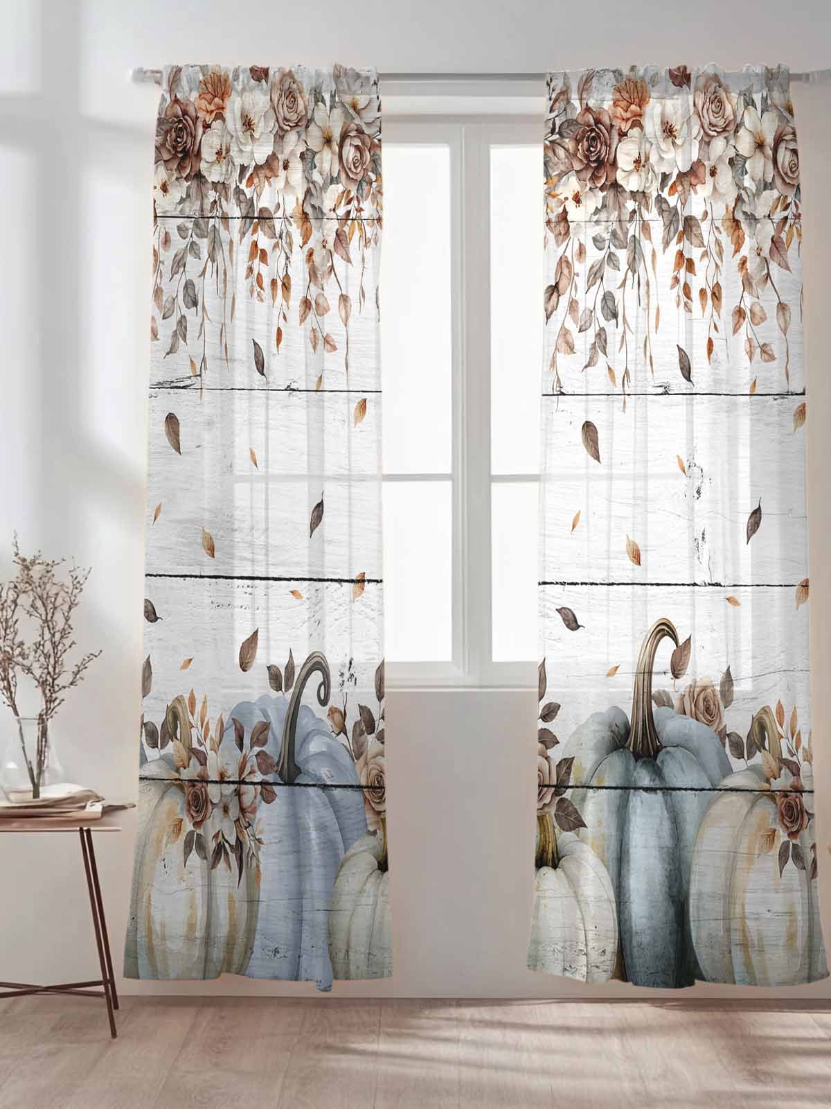 Sheer Curtains 84 inches Long 2 Panels Set Fall Blue Pumpkin Rose ...